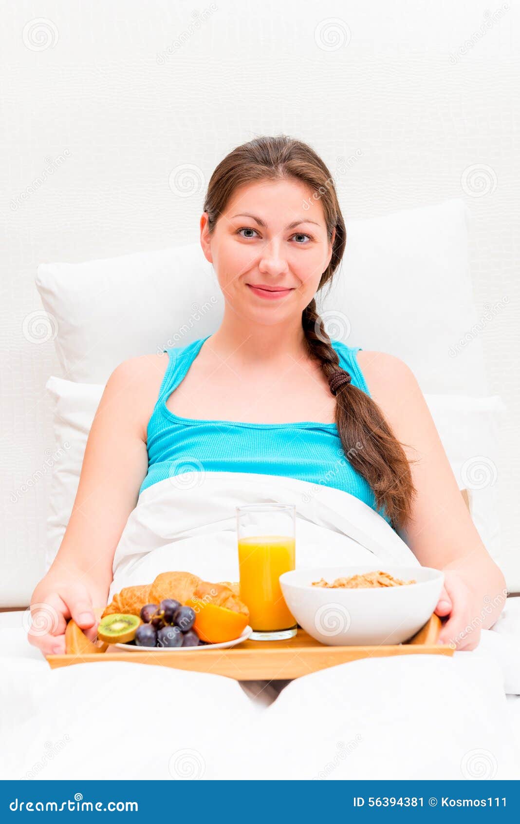 Woman with a Tray of Breakfast in Bed in the Morning Stock Image ...
