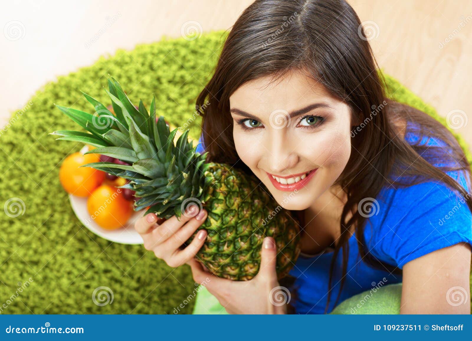 Woman tropical fruit diet. stock image. Image of beauty - 109237511