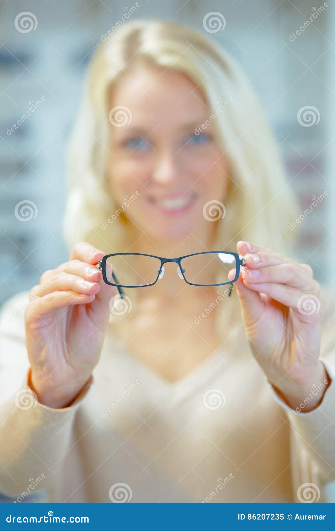Woman Trying on Pair Glasses Stock Image - Image of opticians ...