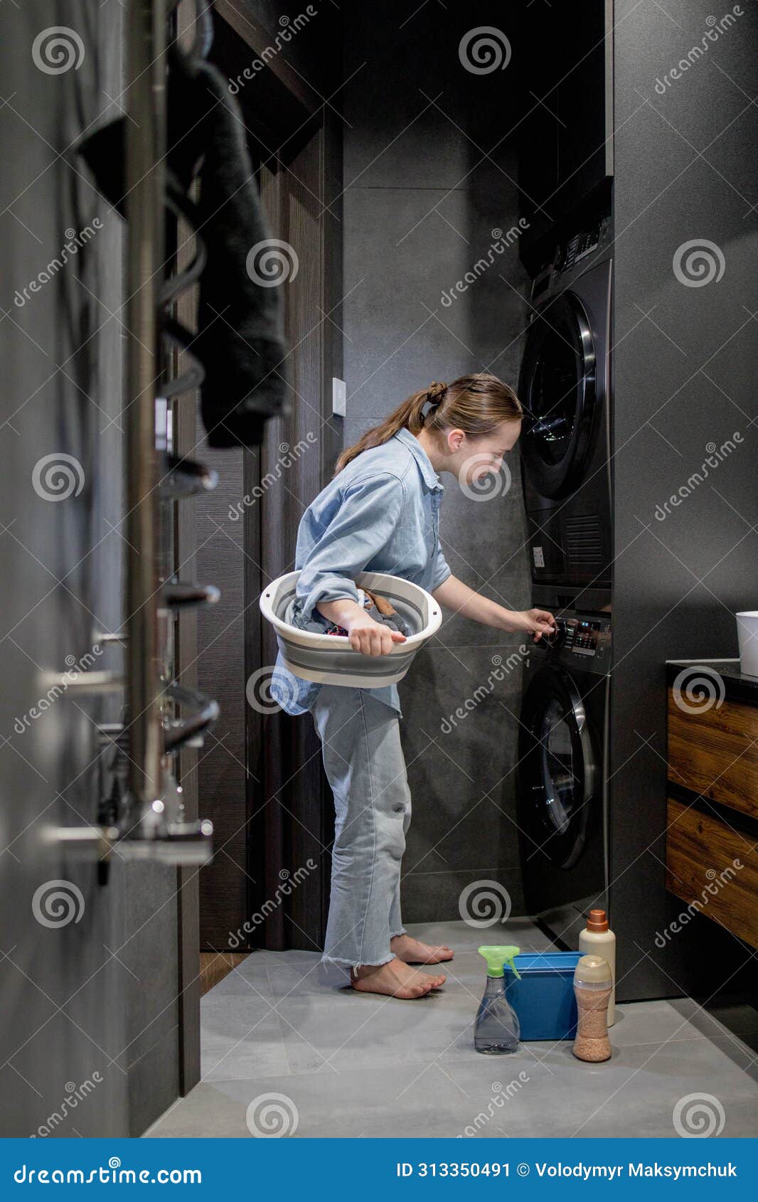 Woman Turn on Automatic Washing Machine or Select Program with Knob on ...