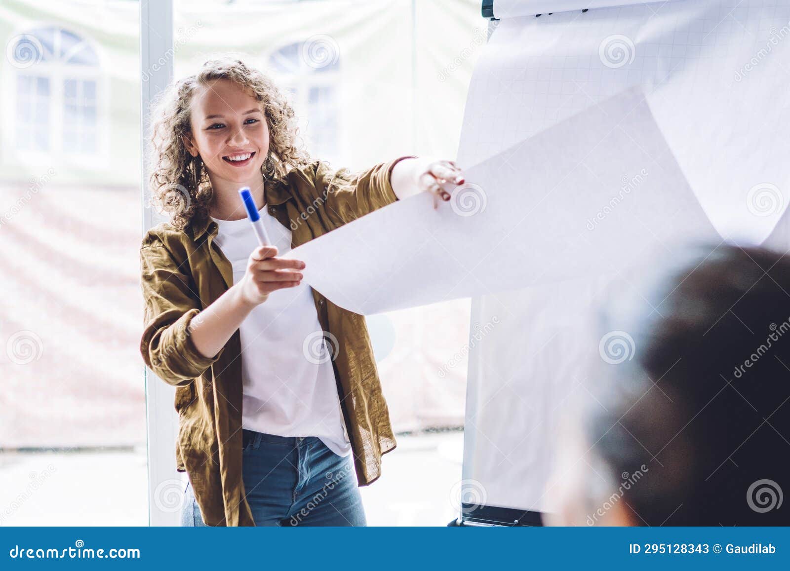 Woman Turning Paper Sheet on Whiteboard Stock Image - Image of modern ...