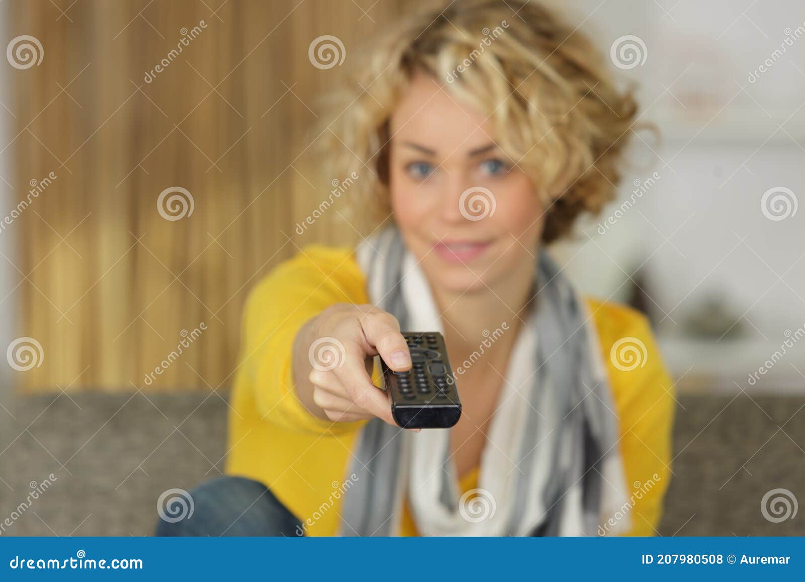 Woman with Tv Remote Control on Sofa Stock Photo - Image of indoor ...