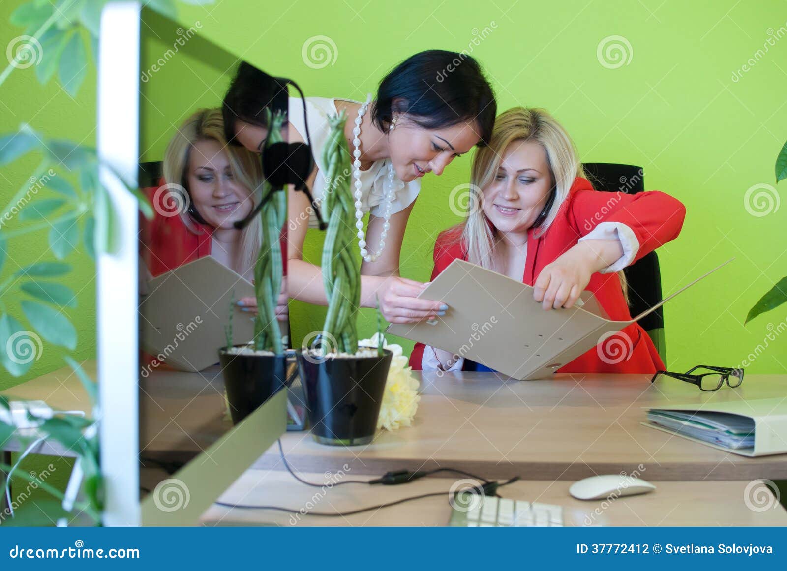 Woman Two Business Speak Phone Team Office Stock Photo - Image of ...