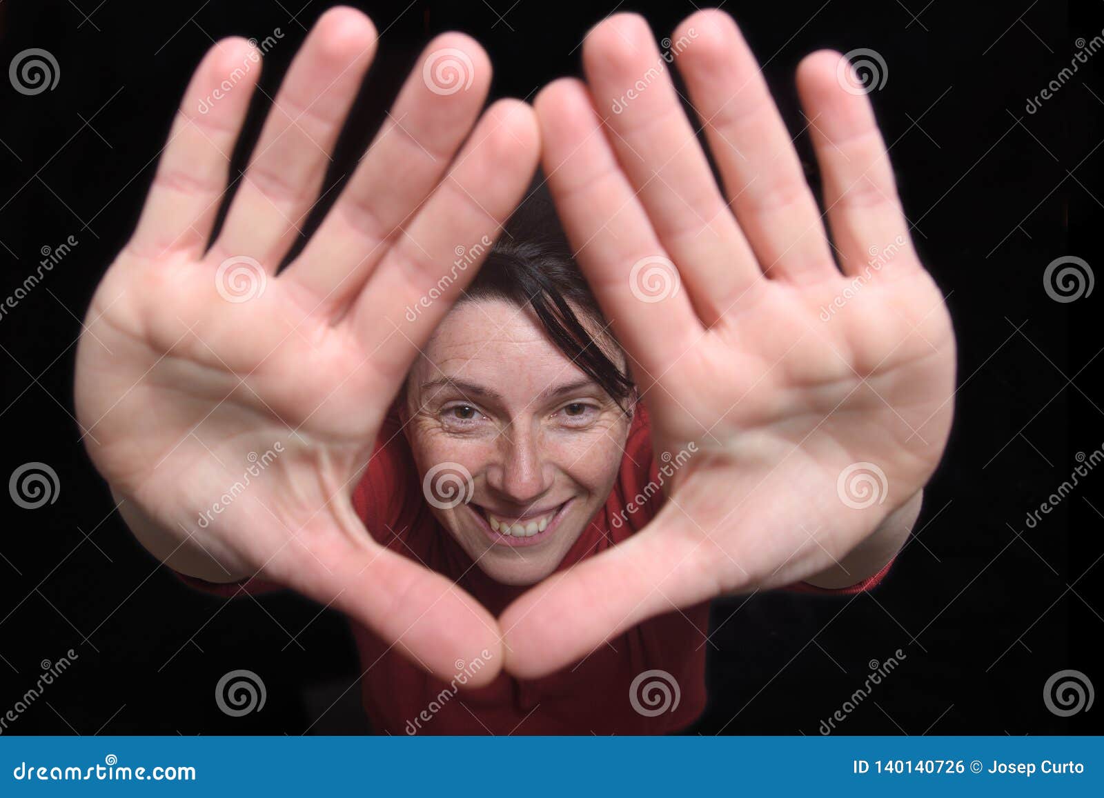 Woman Two Hands Up on Black Background Stock Photo - Image of person ...