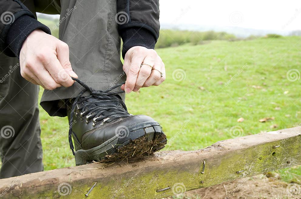 Woman tying boot laces stock image. Image of leather - 24250427