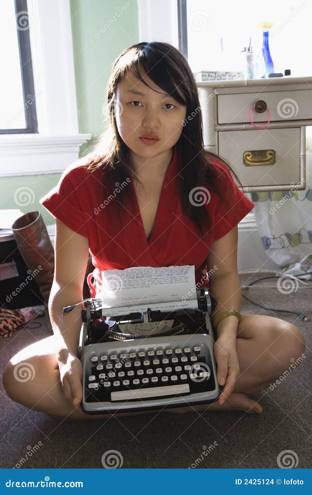 Woman with typewriter. stock photo. Image of literary - 2425124
