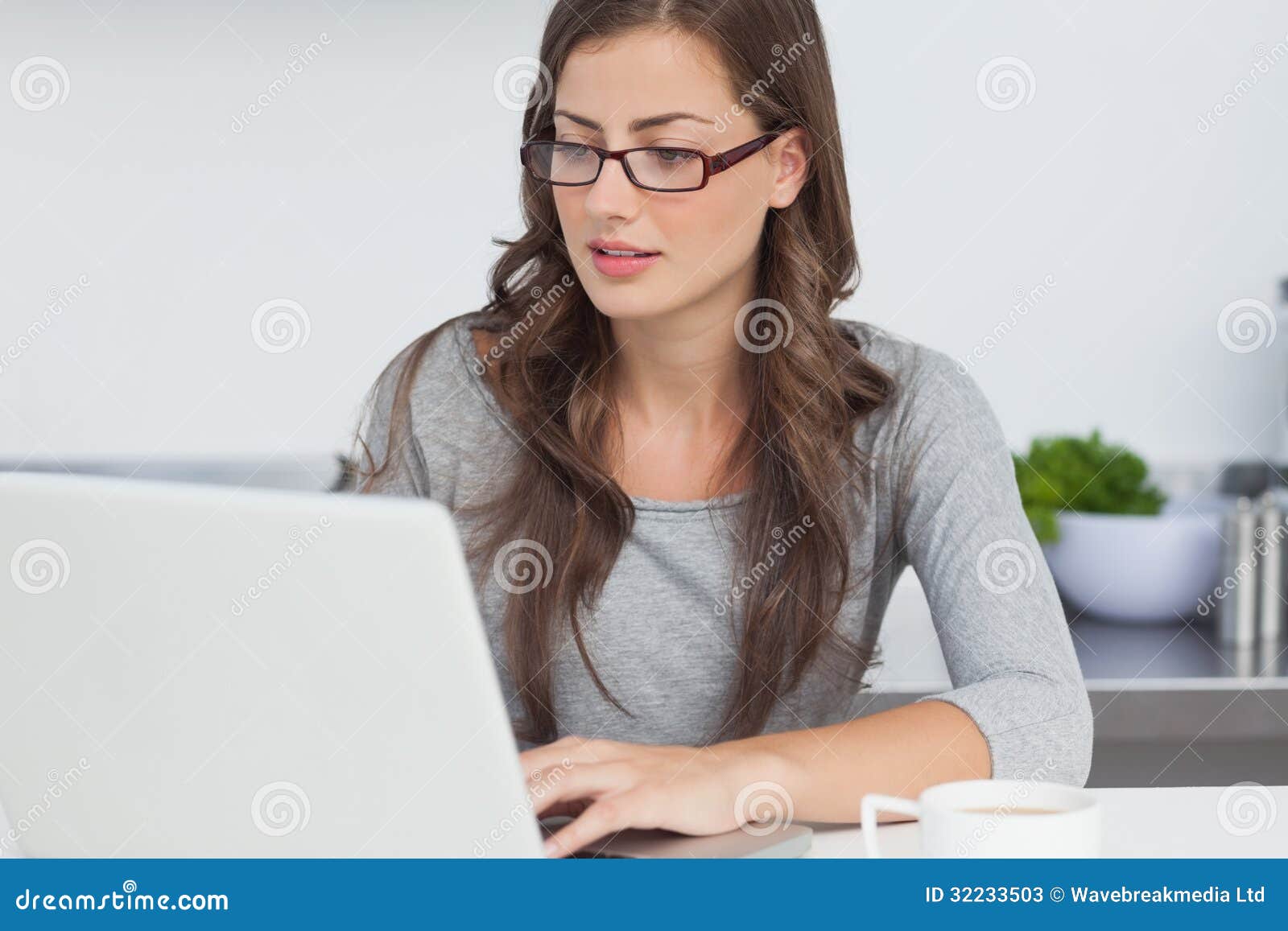 Woman Typing on Her Laptop in the Kitchen Stock Image - Image of laptop ...