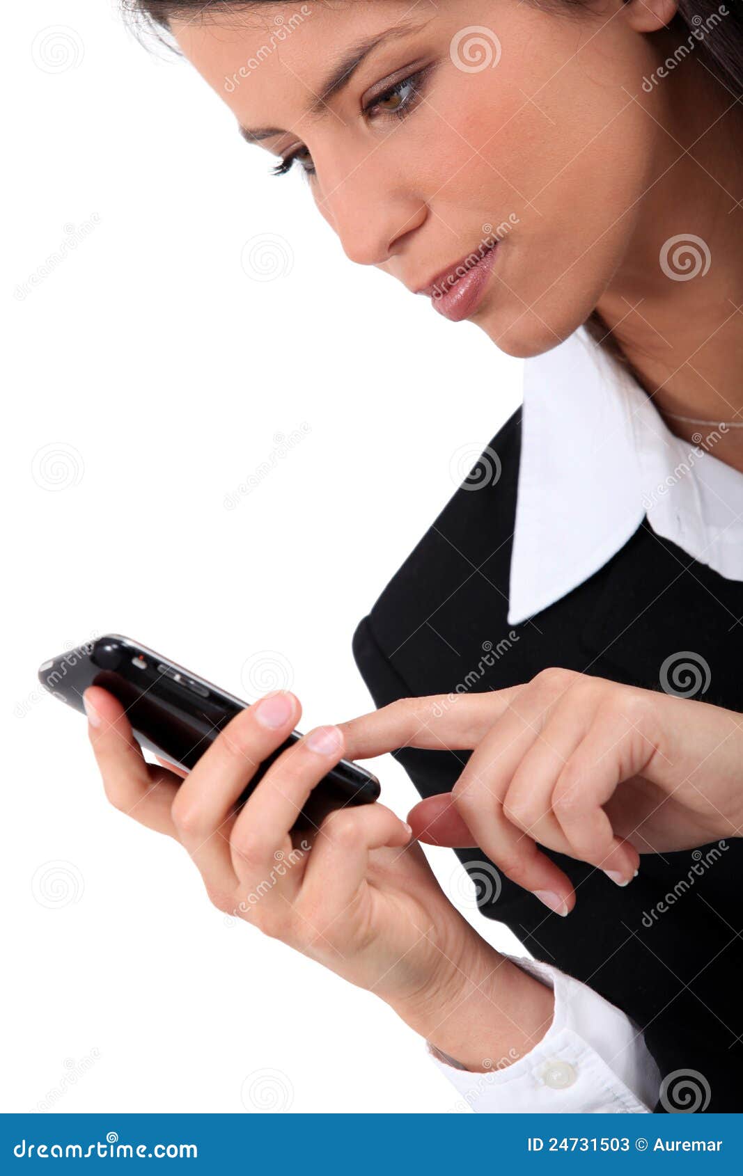 Woman typing on her mobile stock image. Image of customer - 24731503