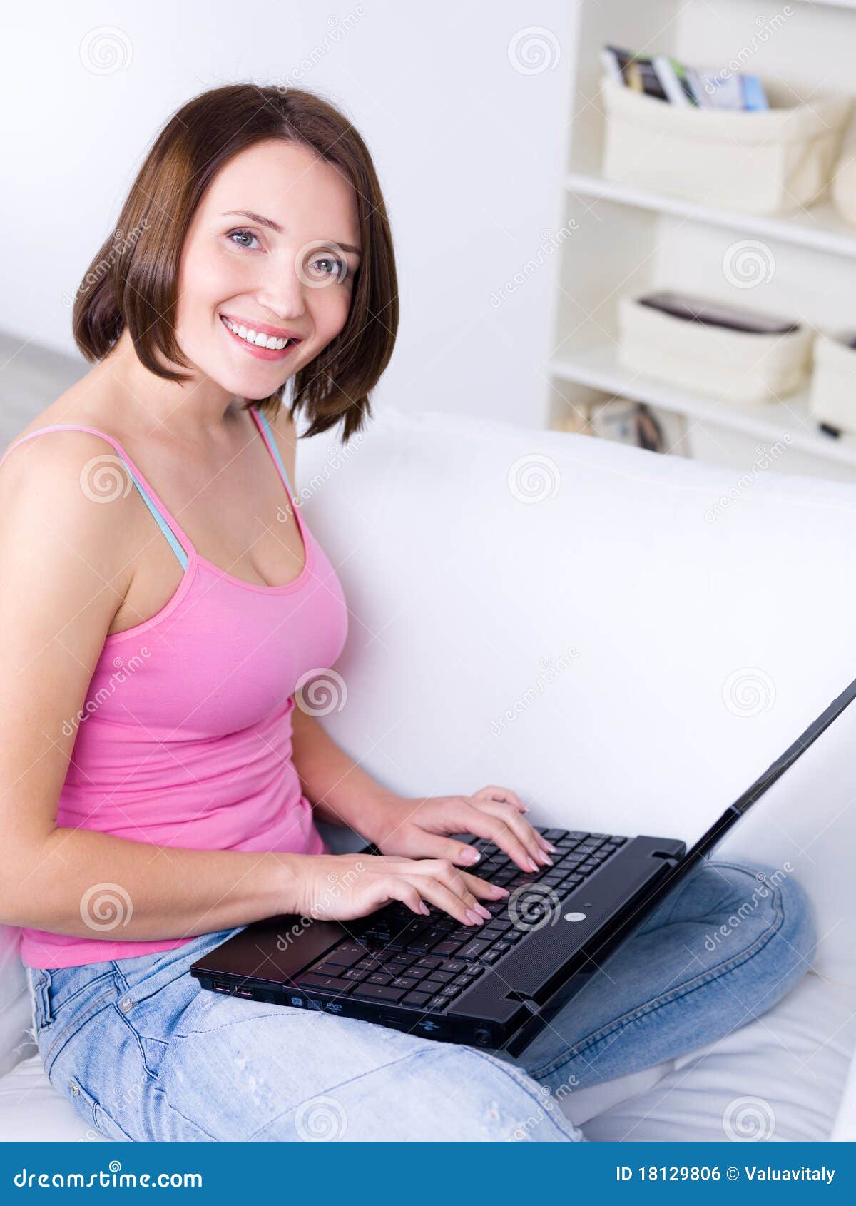 Woman typing on laptop stock photo. Image of female, room - 18129806