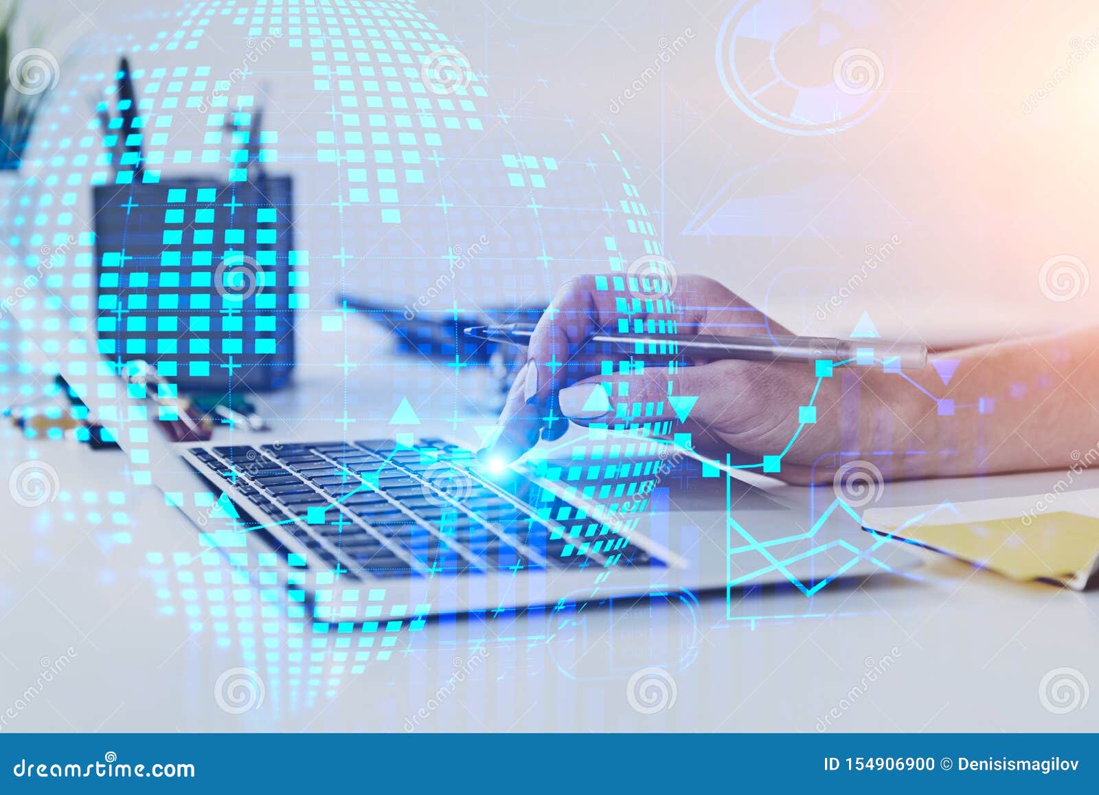 Woman Typing on Laptop, Global Network Interface Stock Photo - Image of ...