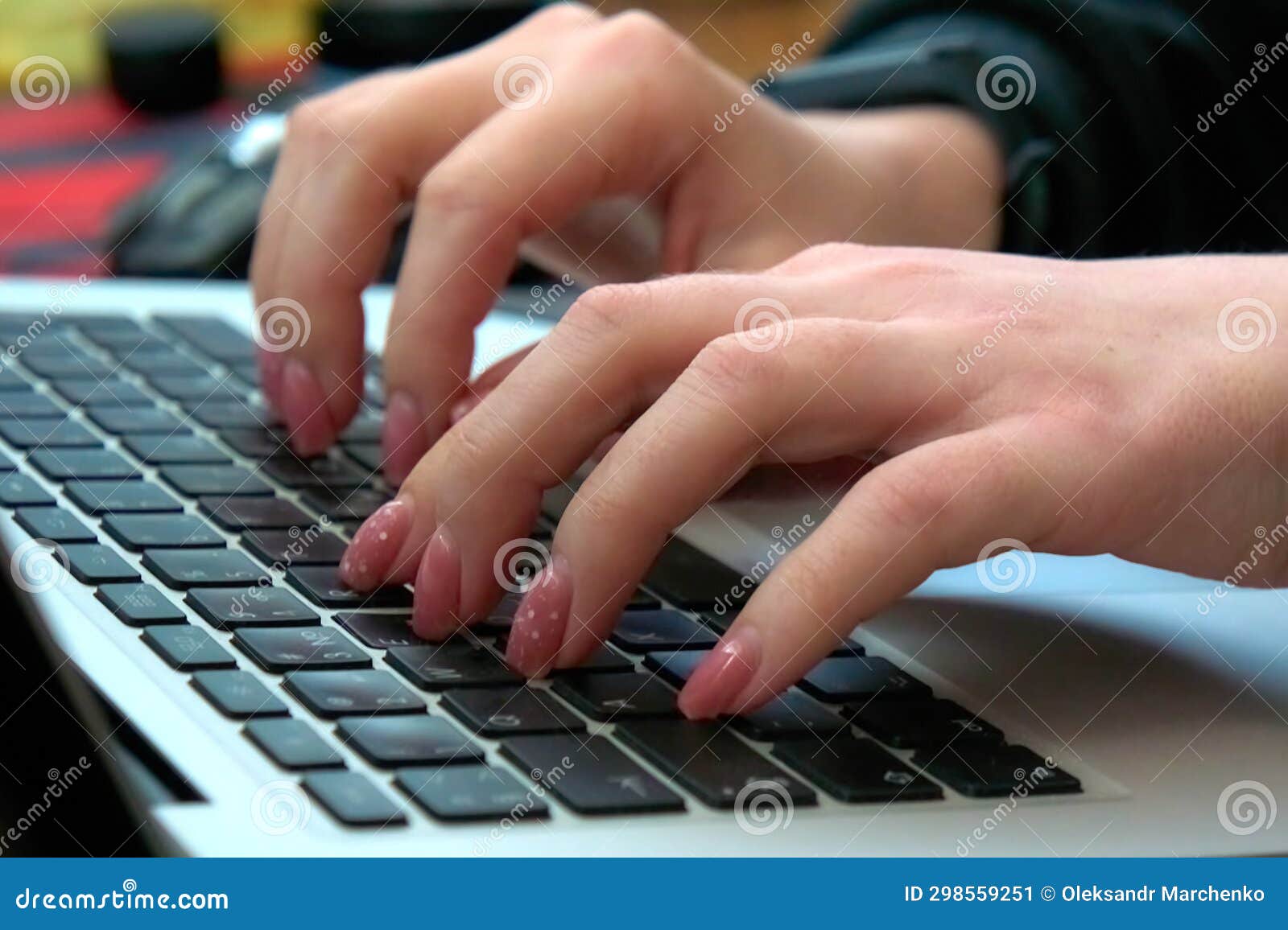Woman Typing On Laptop Keyboard Hands On Keyboard Close Up Floating Focus Stock Image Image