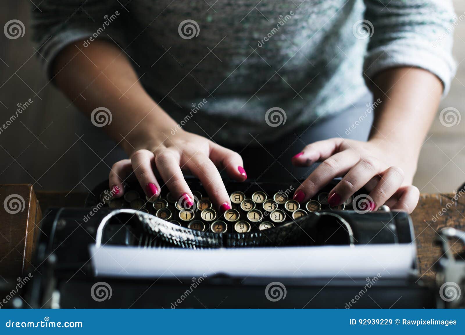 Woman Typing Vintage Typewriter on Wooden Table Stock Image - Image of ...
