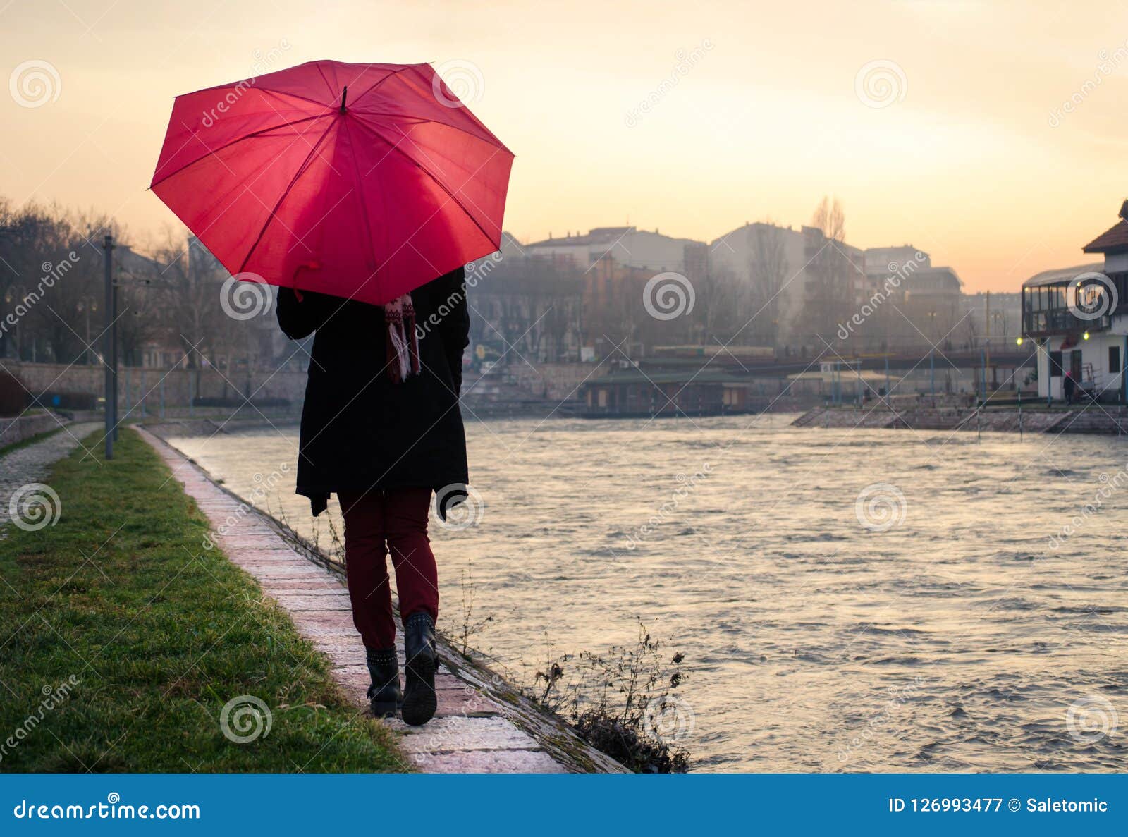 Woman with Umbrella Walking by the River Stock Image - Image of cloudy ...