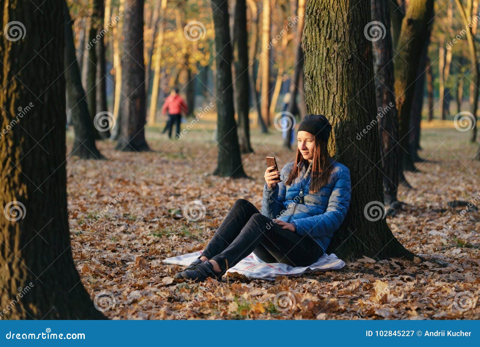 Woman Under Tree in Autumn Park Communicates Via the Internet Stock ...