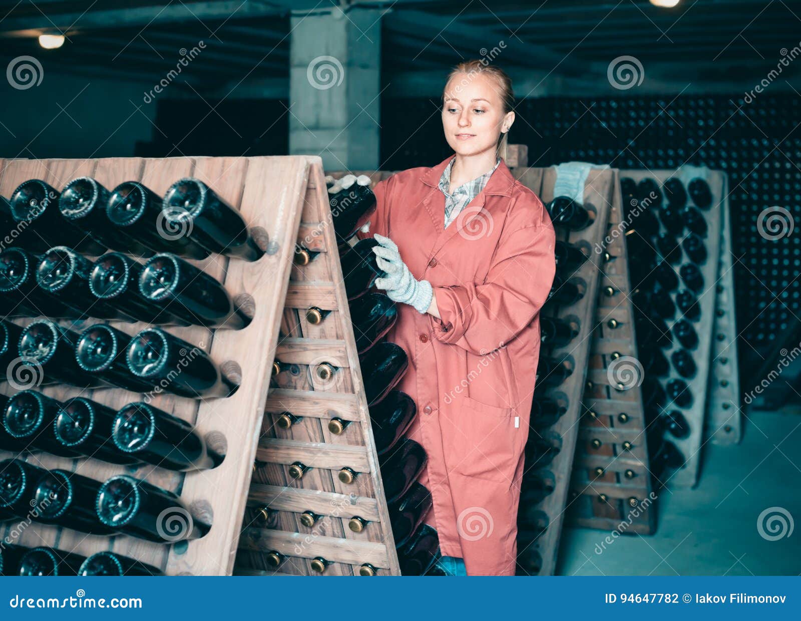 Woman in Uniform Working with Bottle Storage Racks in Winery Cellar ...