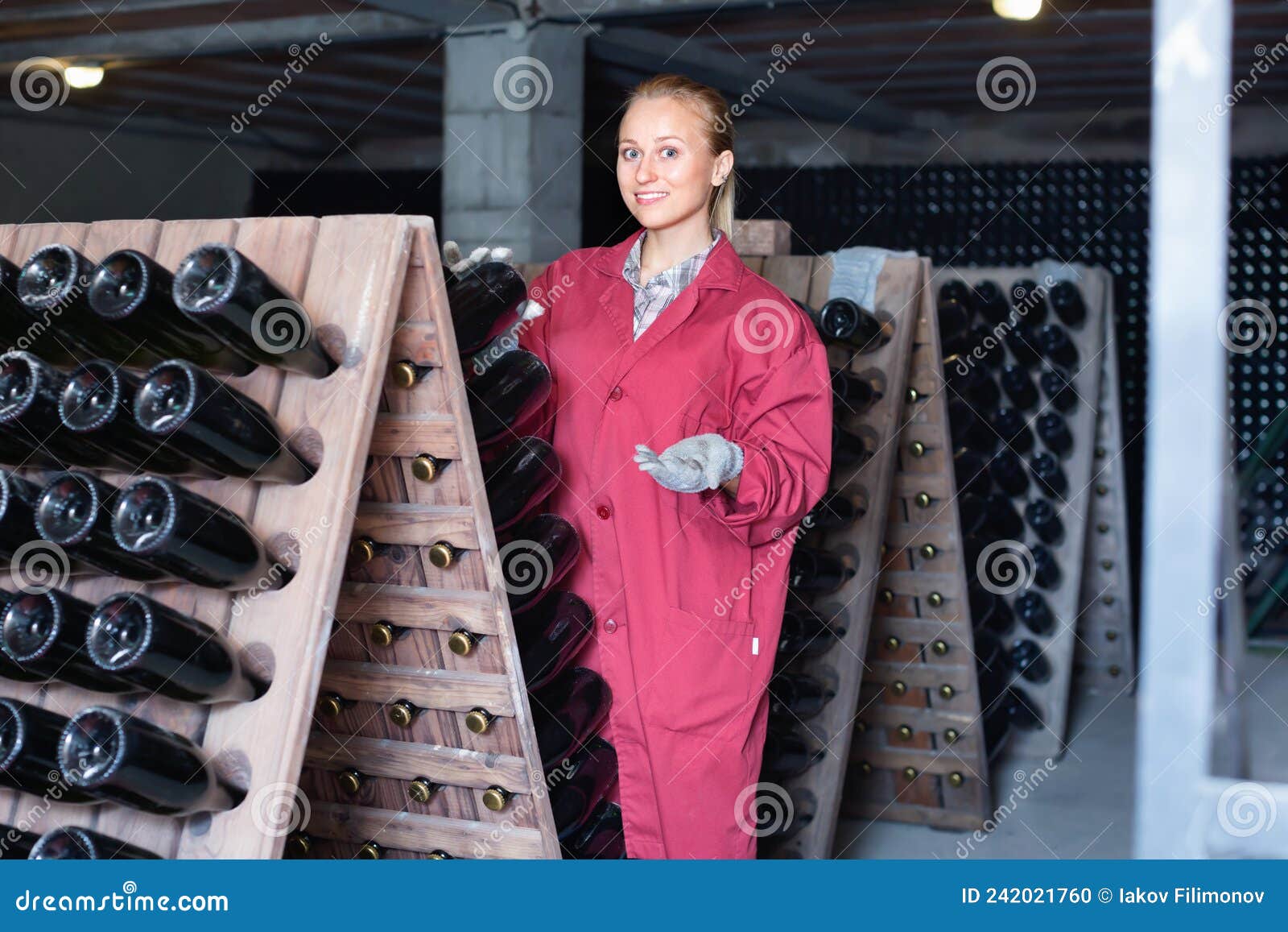 Woman in Uniform Working with Bottle Storage Racks in Winery Cellar ...