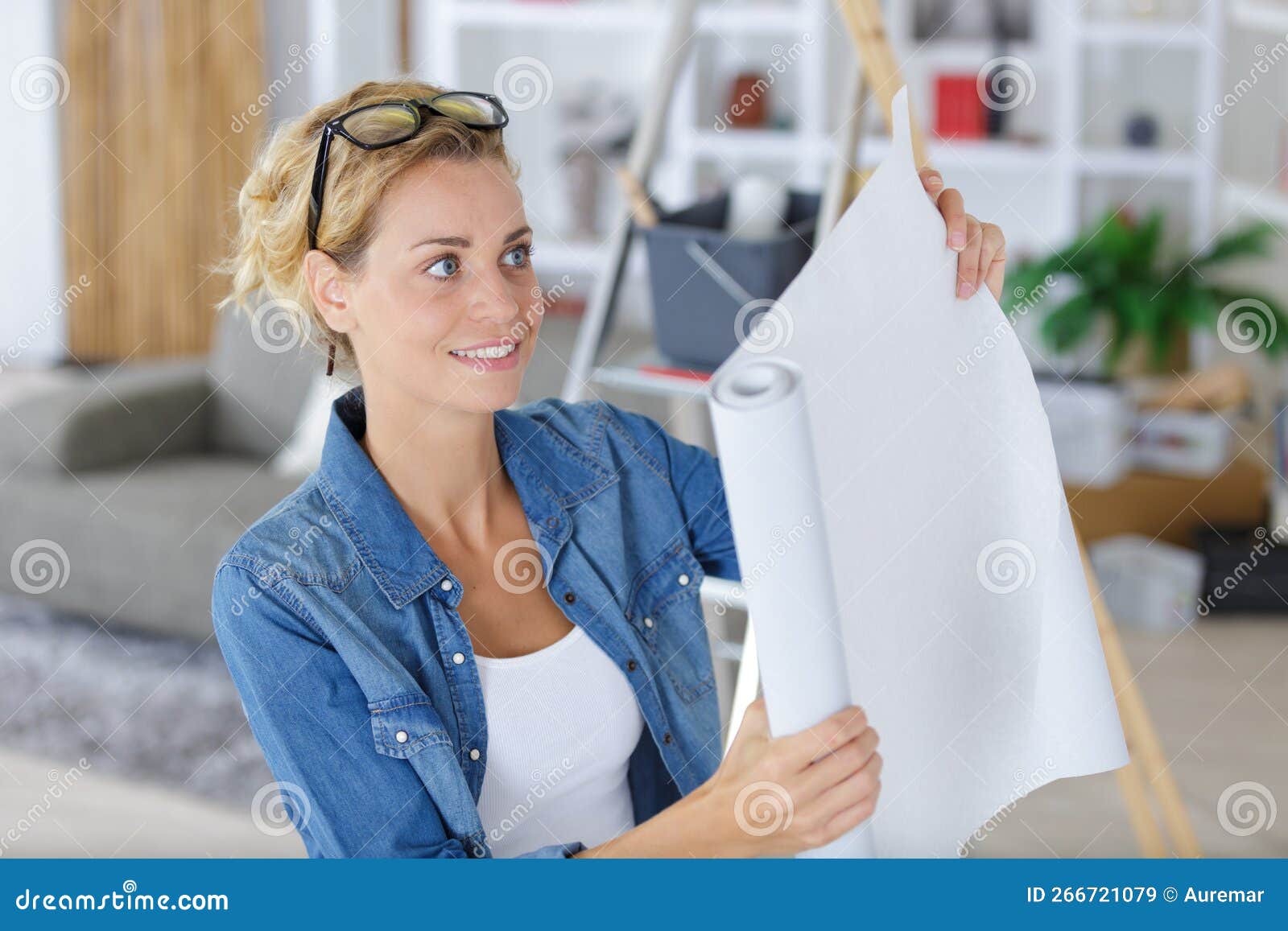 Woman Unrolling Wall Paper on Wall Stock Image - Image of redecoration ...