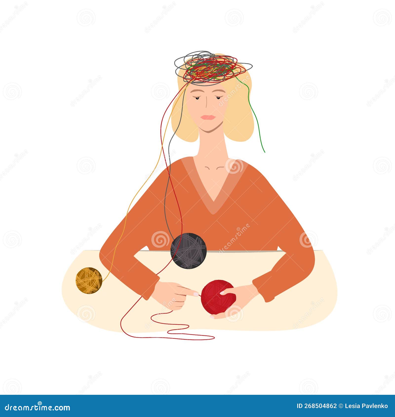 Woman Untangle Balls Of Thread Of In Her Mind To Transform Her Thinking ...