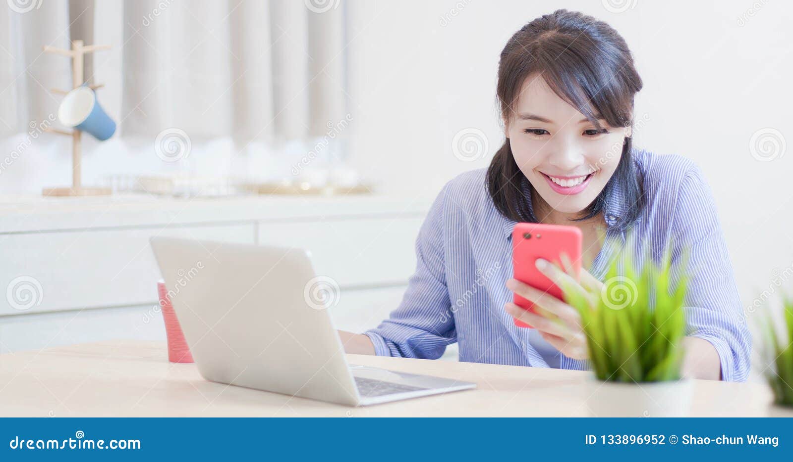 Woman Use Computer and Phone Stock Photo - Image of phone, connection ...