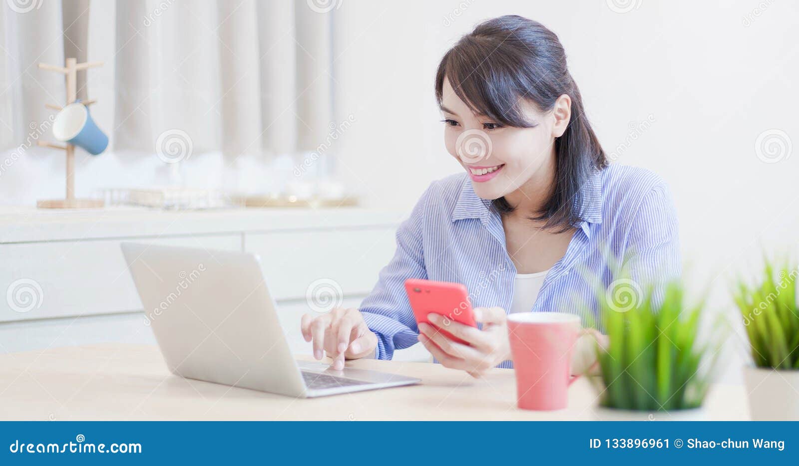 Woman Use Computer and Phone Stock Image - Image of phone, connection ...
