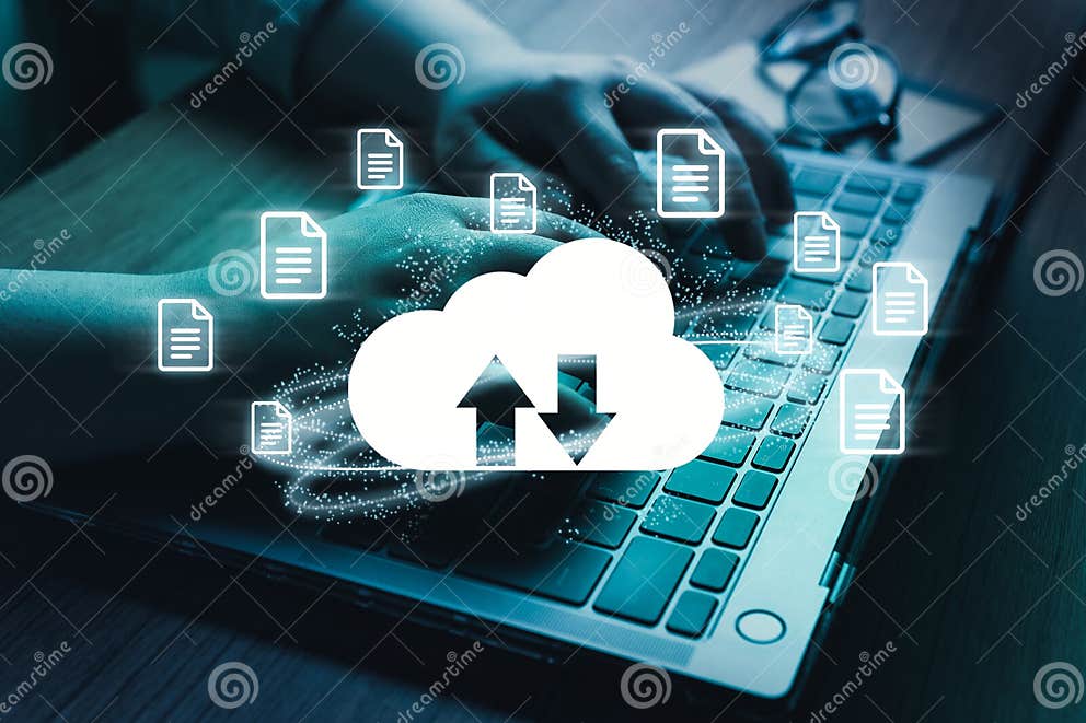 Woman Use Laptop with VR Interface of Cloud Computing Diagram. Stock ...