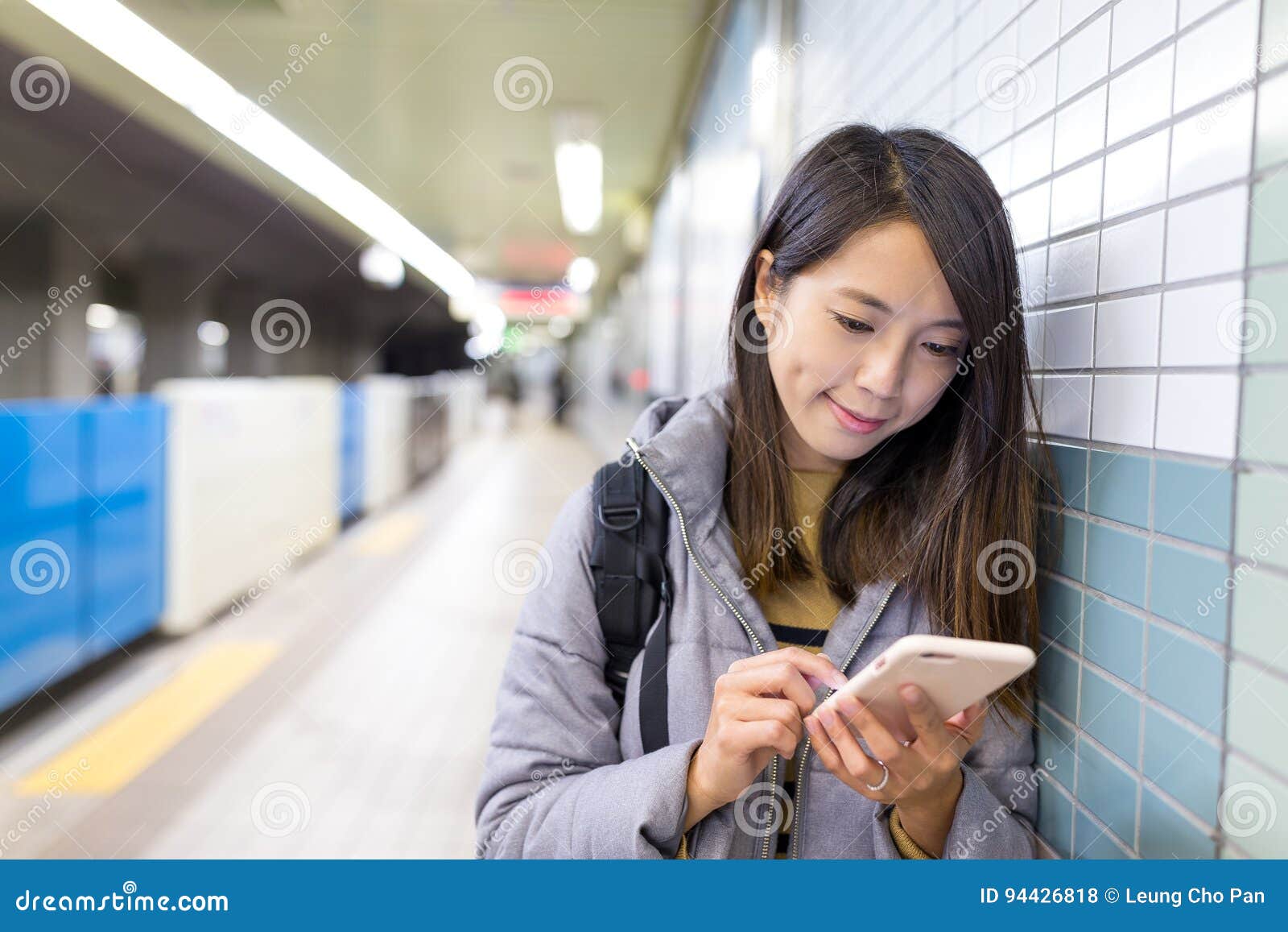 Woman Use of Mobile Phone in Train Platform Stock Photo - Image of ...