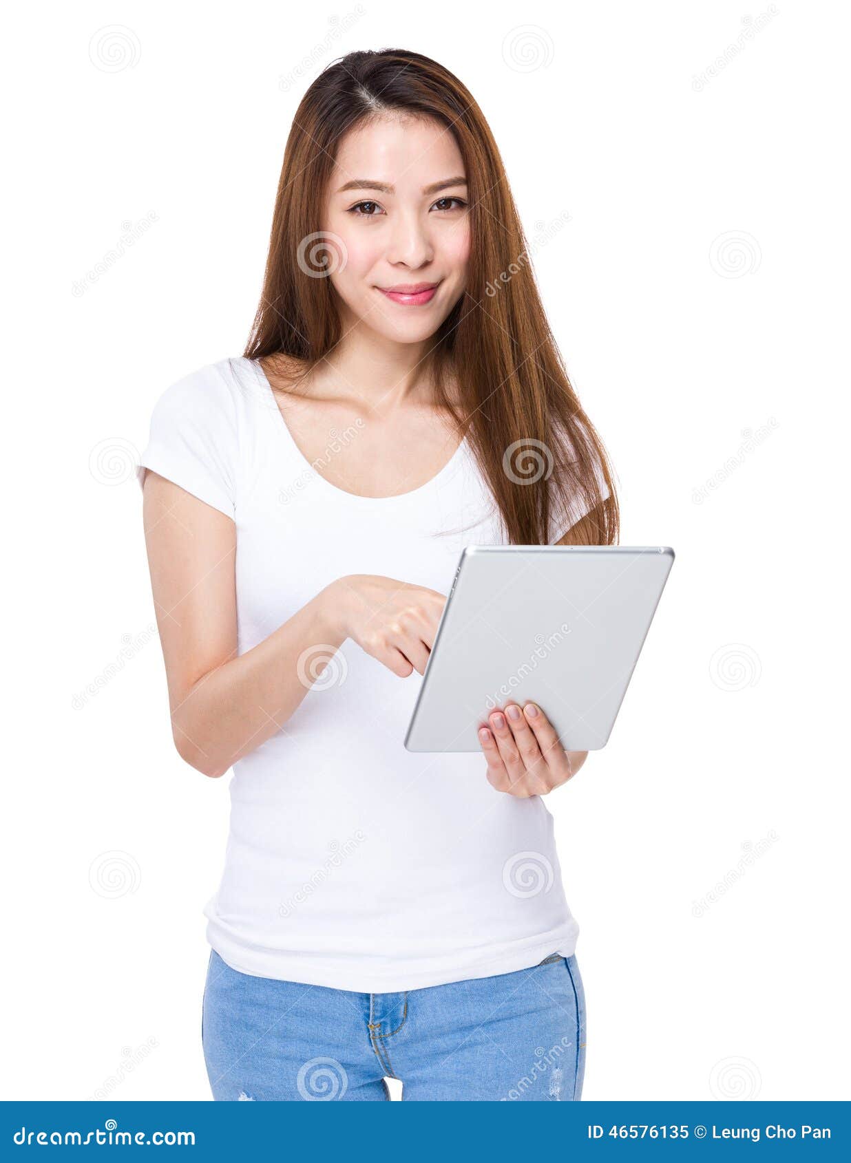 Woman use of tablet stock image. Image of pretty, clothes - 46576135