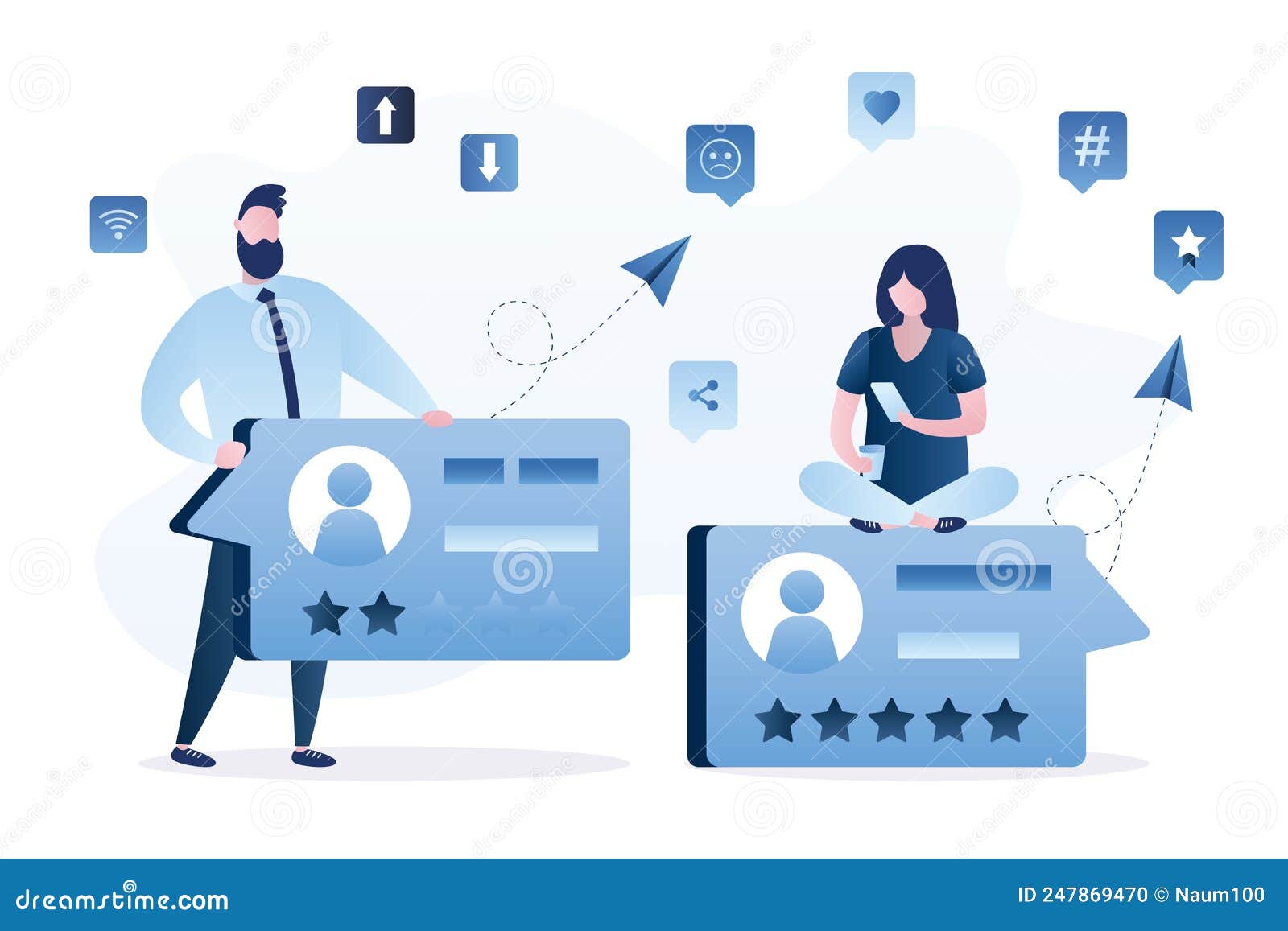 Woman User with Positive Review and Man Client with Negative Message ...