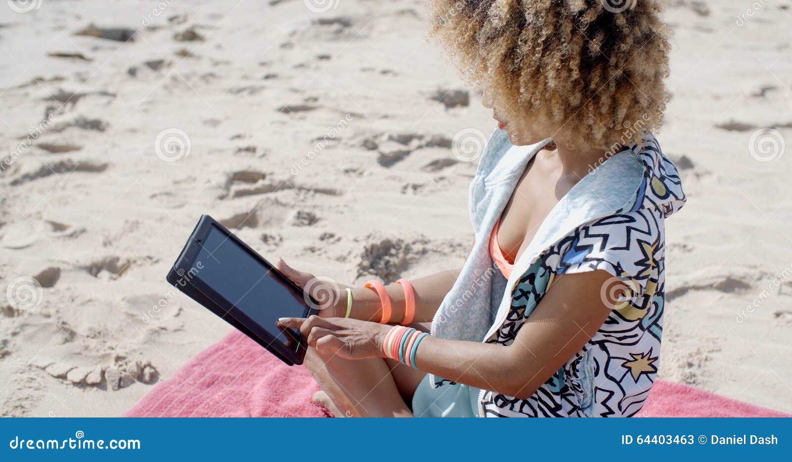 Woman Uses Tablet on the Beach Stock Image - Image of summer, girl ...