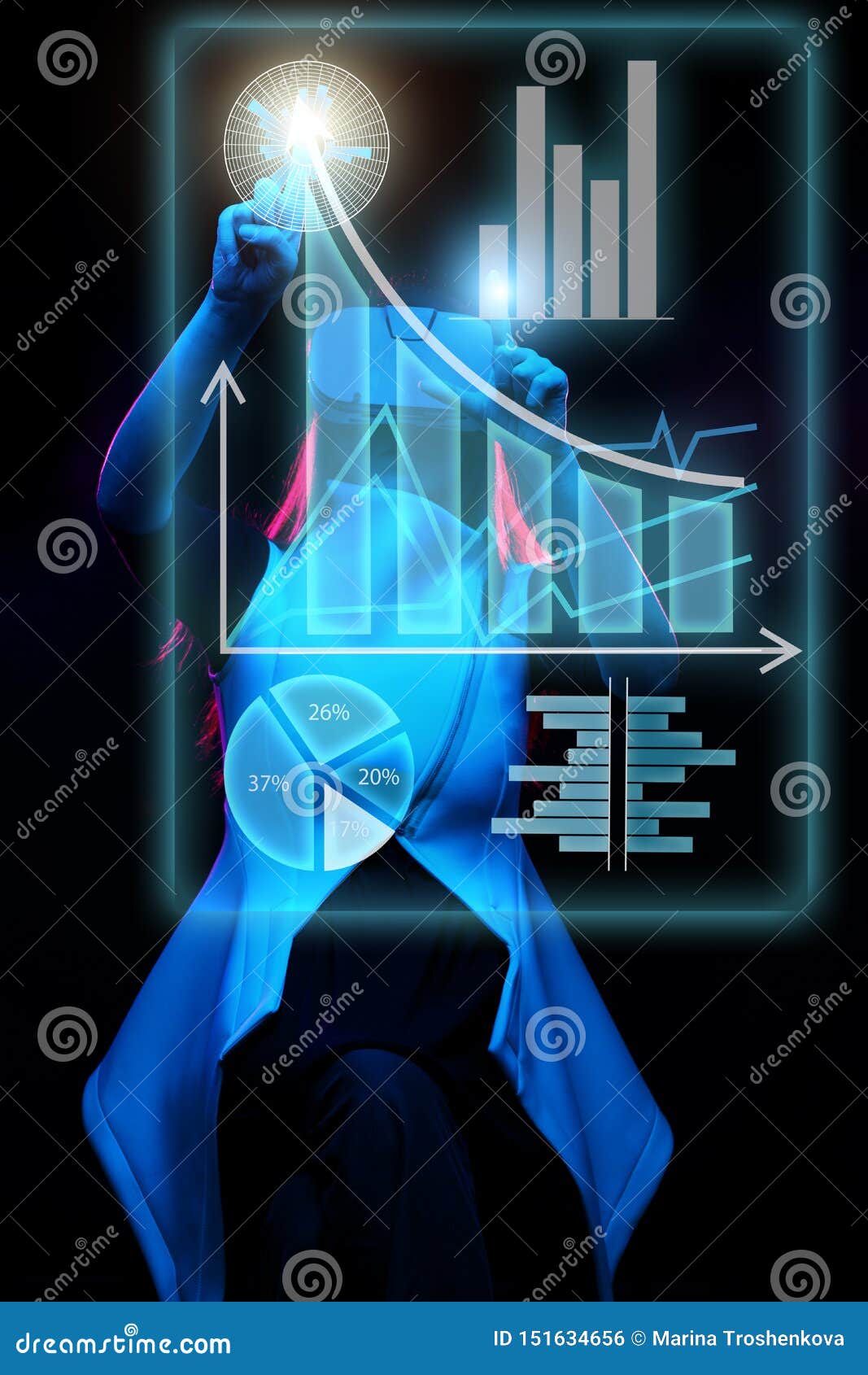 Woman Uses a Virtual Reality Headset To Work with Data in the Form of ...