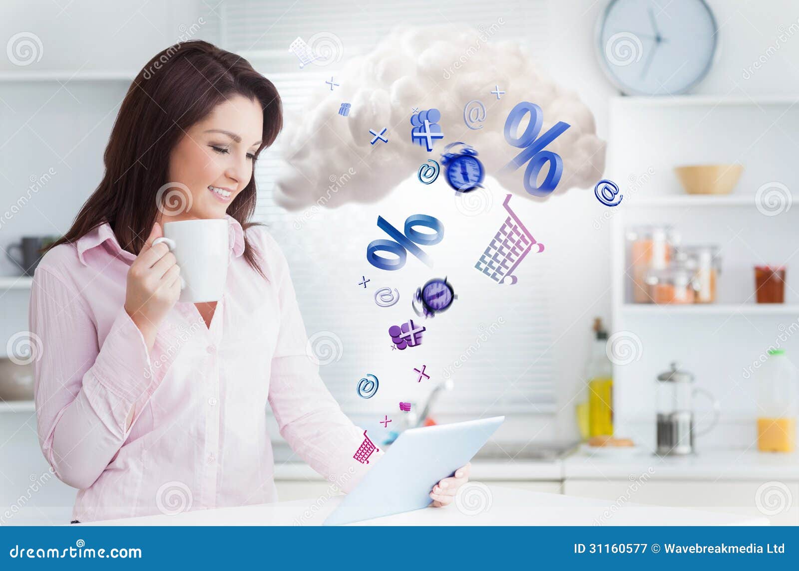 Woman Using Applications From Tablet And Connecting To Cloud Computing ...