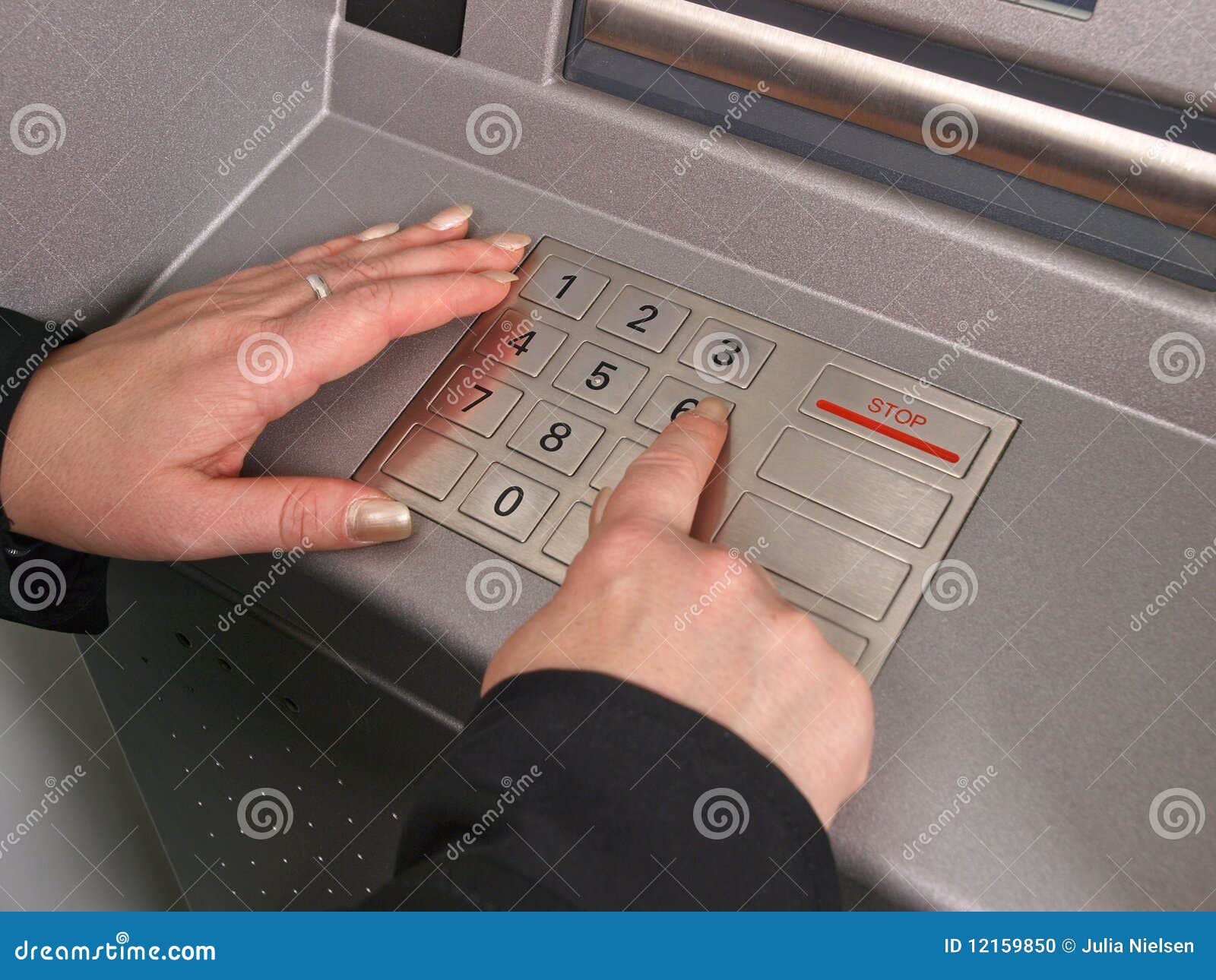 Woman using ATM stock photo. Image of keyboard, money - 12159850