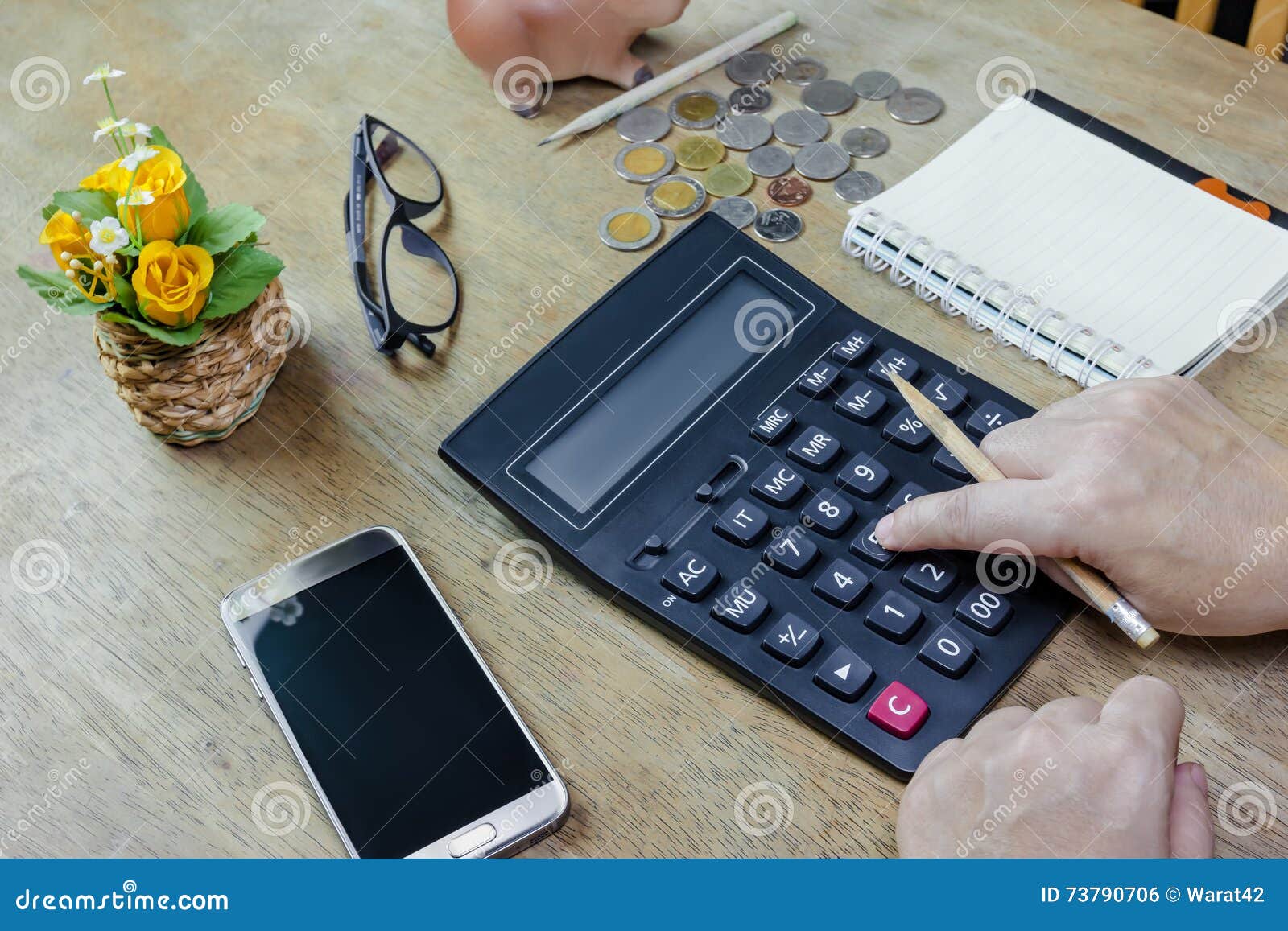 Woman Using Calculator on Desktop Stock Photo - Image of blank, bank ...