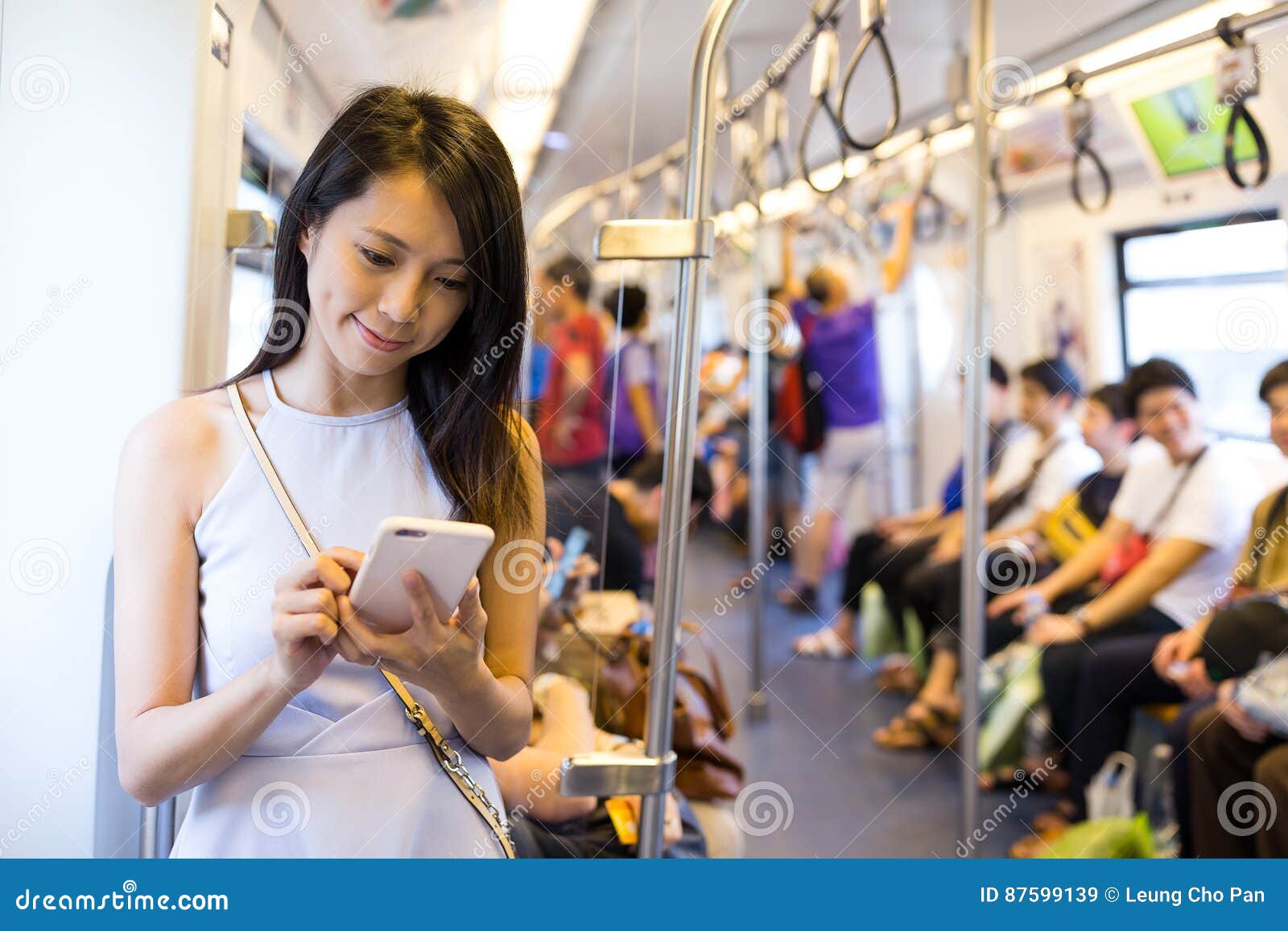 Woman Using Cellphone Inside Train Compartment Stock Image - Image of ...