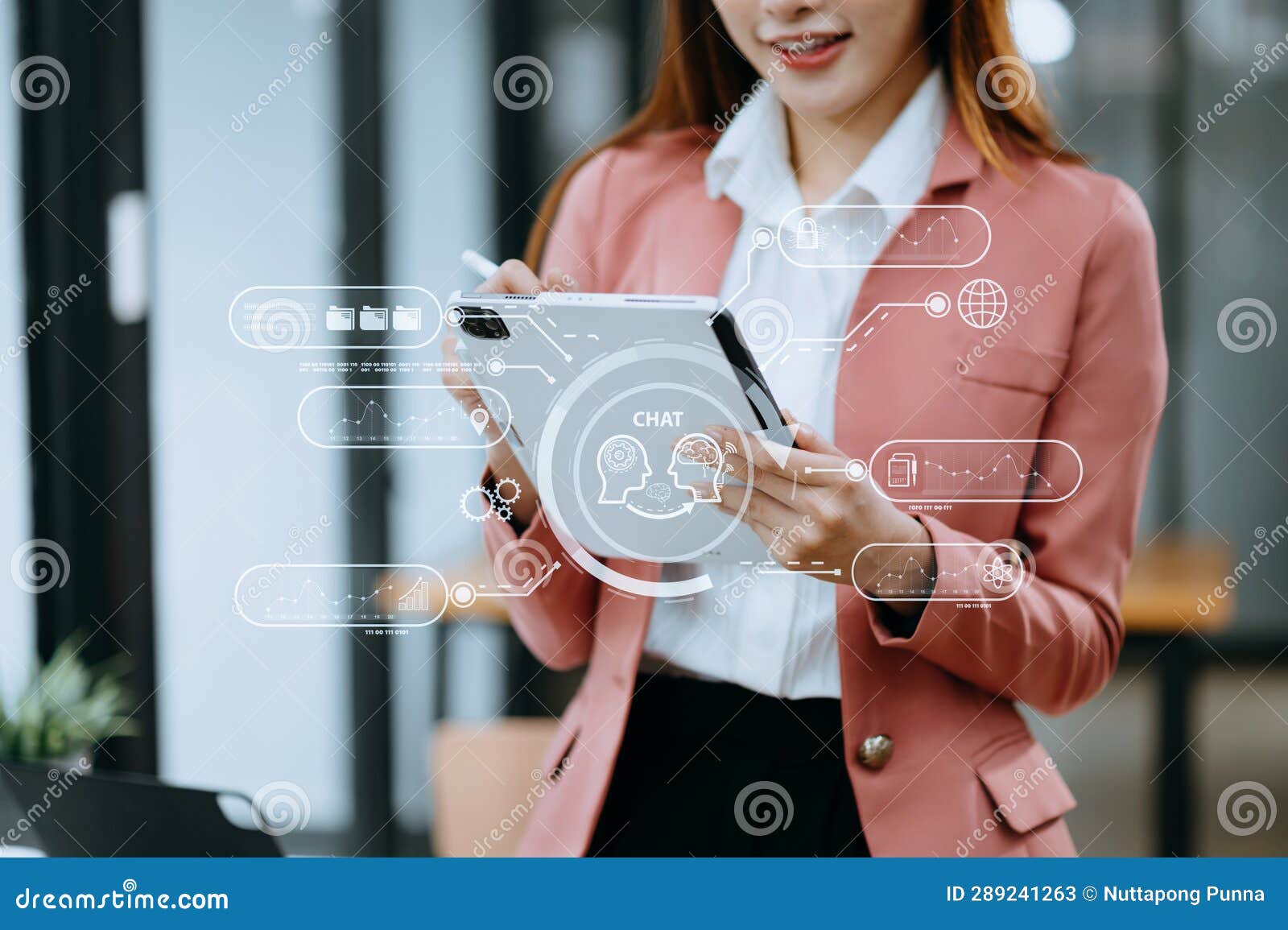 Business Woman Using Chatbot in Computer and Tablet Smart Intelligence ...