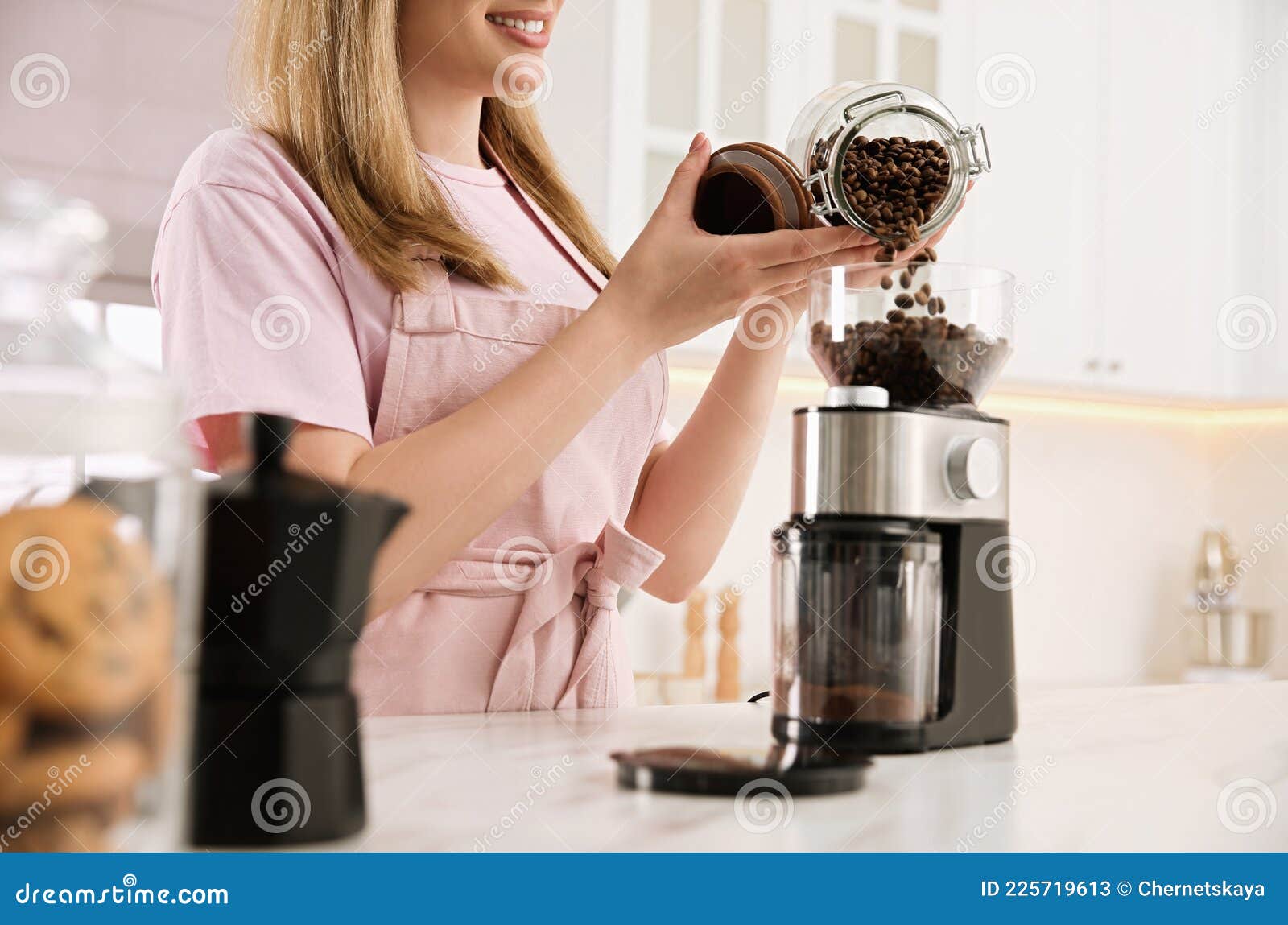 Woman Using Coffee Grinder in Kitchen, Closeup Stock Image - Image of ...