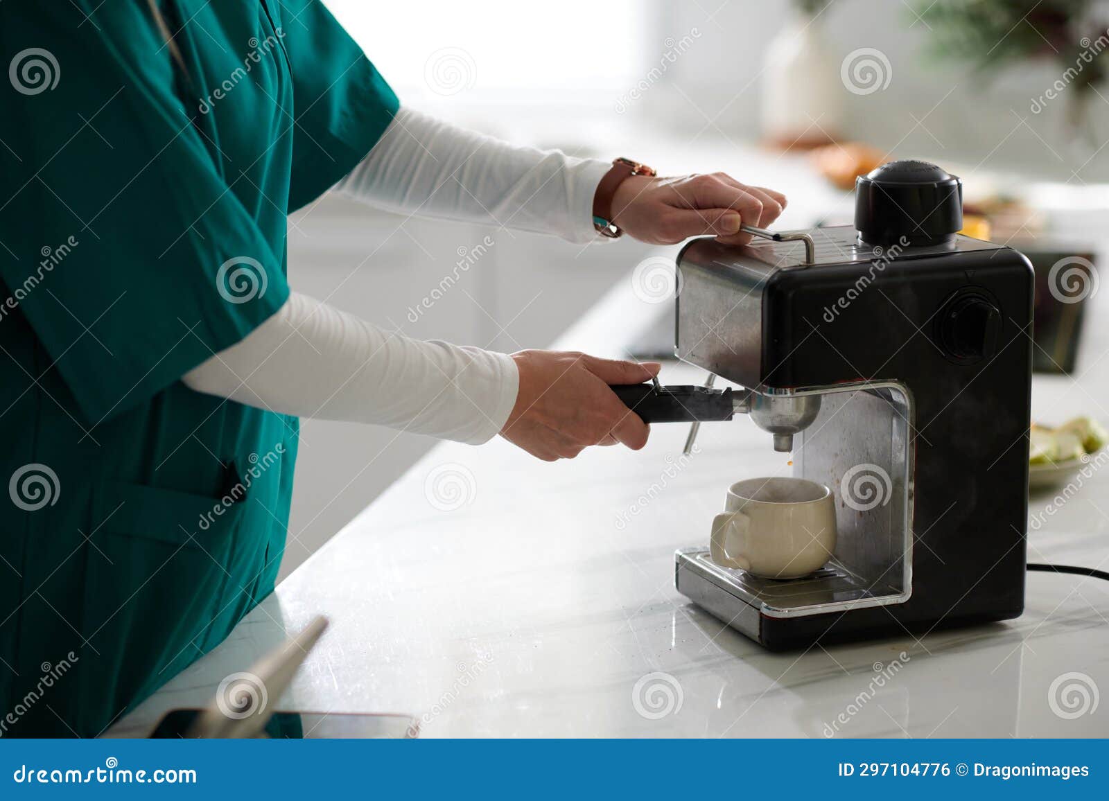 Woman Using Coffee Machine stock photo. Image of healthcare - 297104776