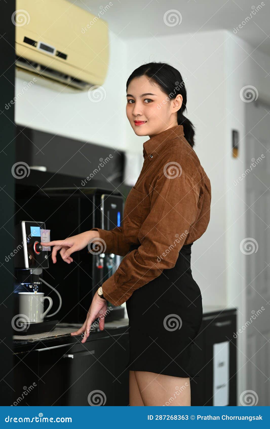Woman Using Coffee Machine in Modern Office. Stock Image - Image of ...