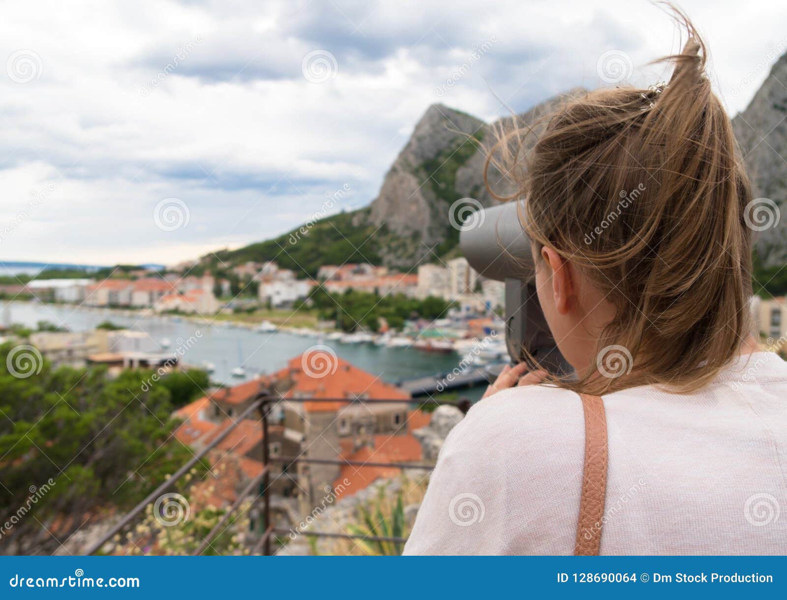 Woman using telescope. stock photo. Image of croatia - 128690064