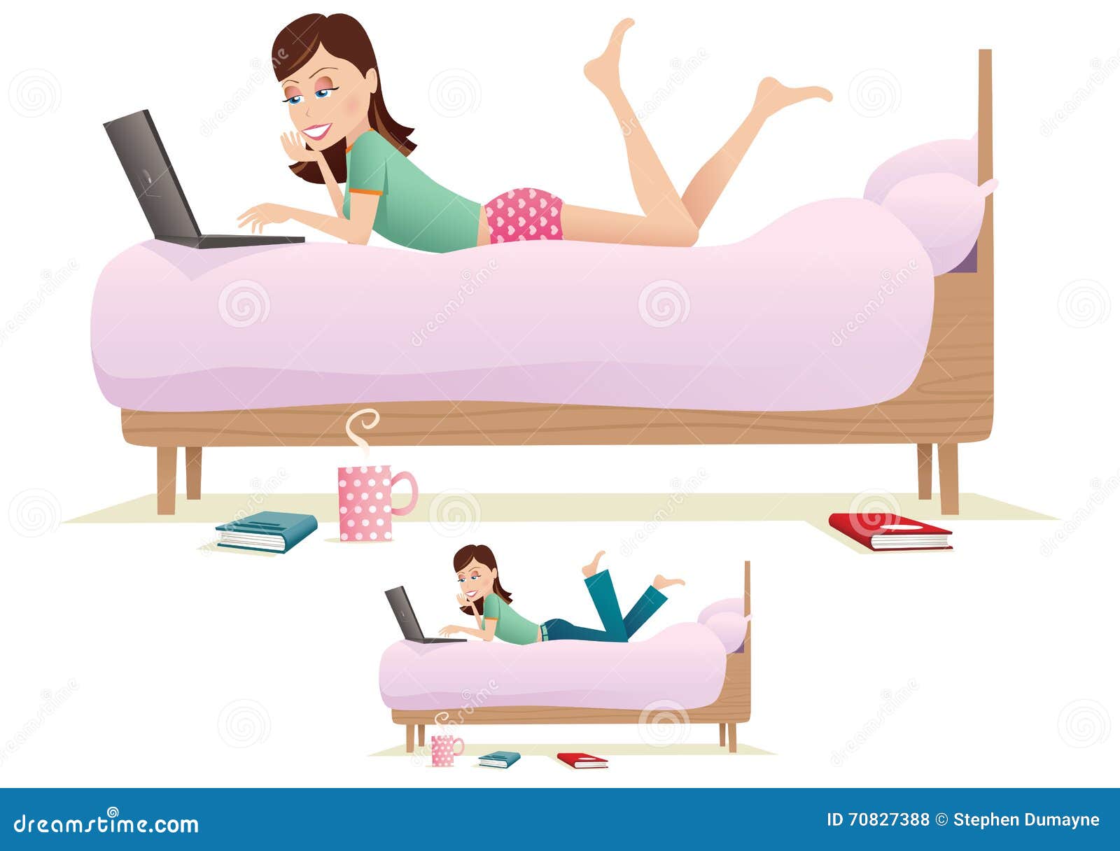 Woman Using Computer on Bed Stock Vector - Illustration of ideas ...