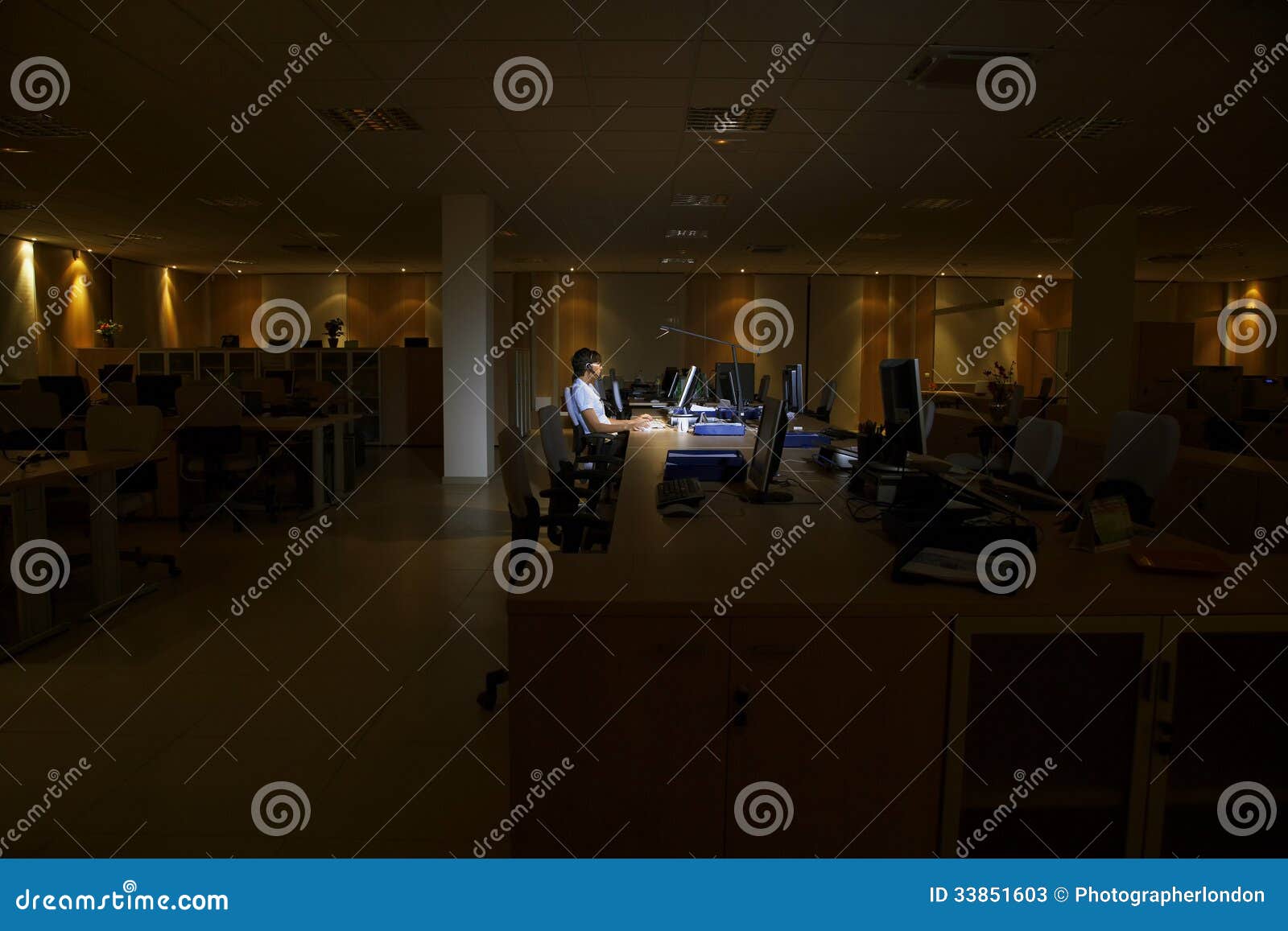 Woman Using Computer in Dark Office Stock Image - Image of hacker ...