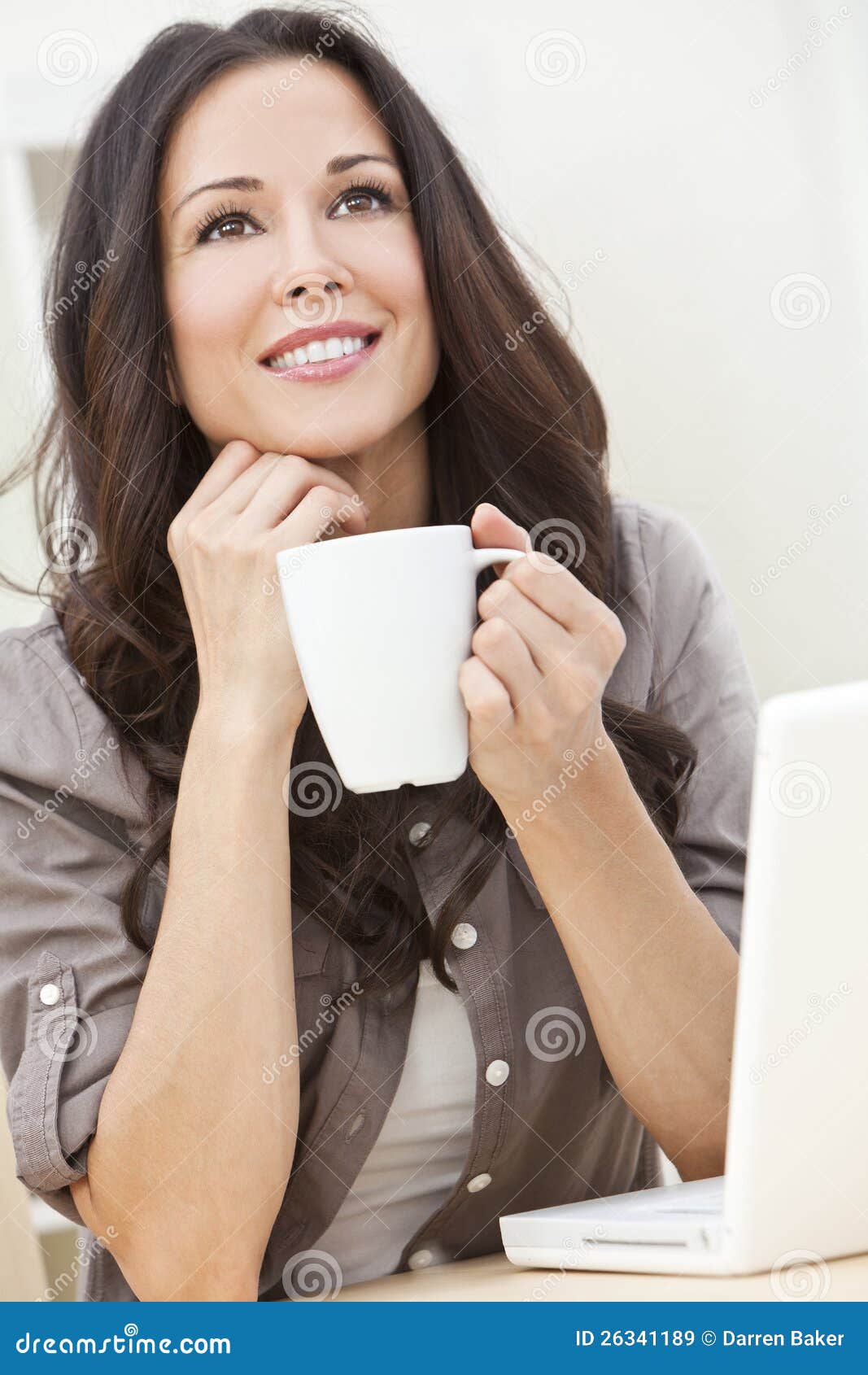 Woman Using a Computer and Drinking Tea or Coffee Stock Image - Image ...