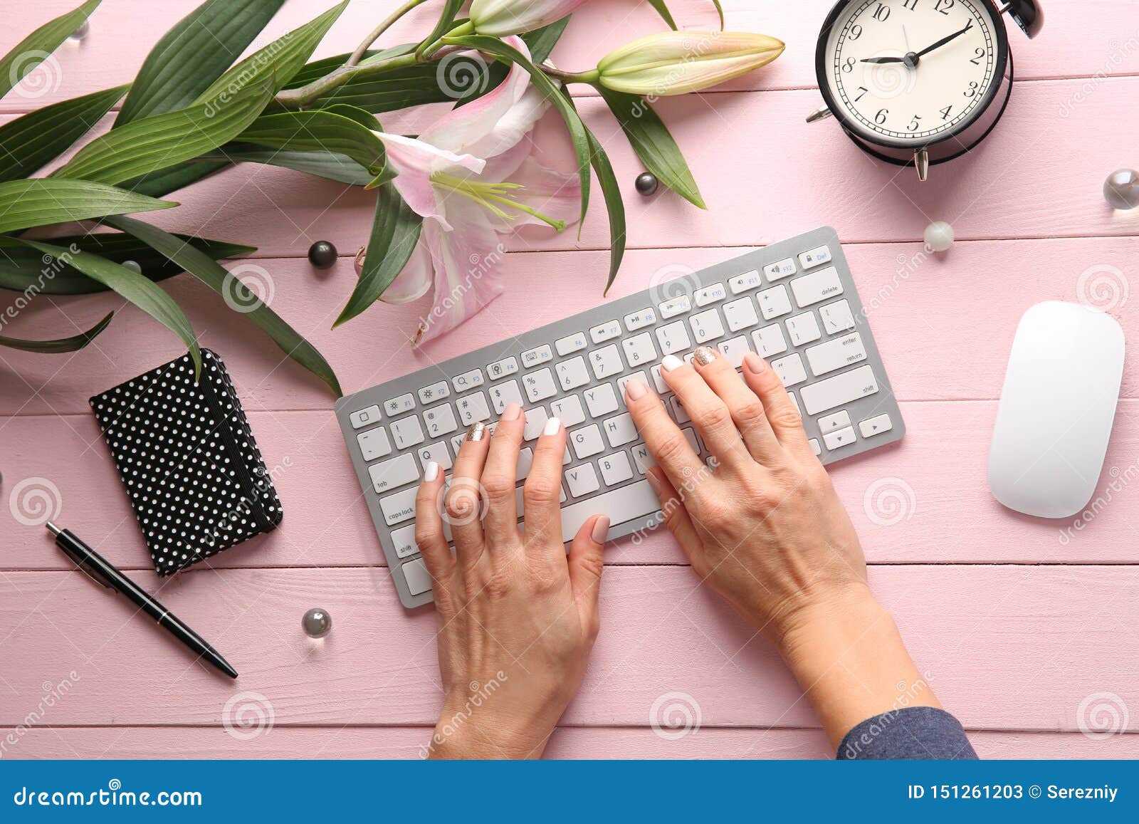 Woman Using Computer Keyboard on Color Wooden Table Stock Image - Image ...