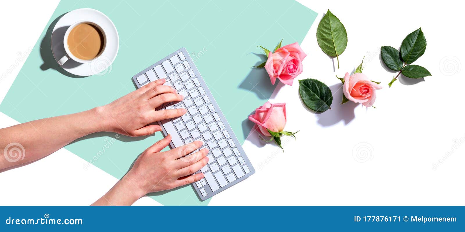 Woman Using Computer Keyboard with Pink Roses Stock Image - Image of ...