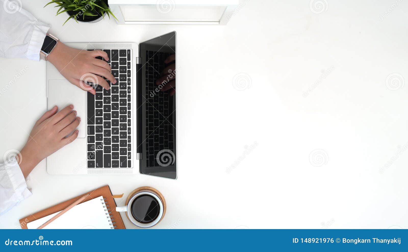 Woman Using Computer Laptop Stock Photo - Image of hand, coffee: 148921976