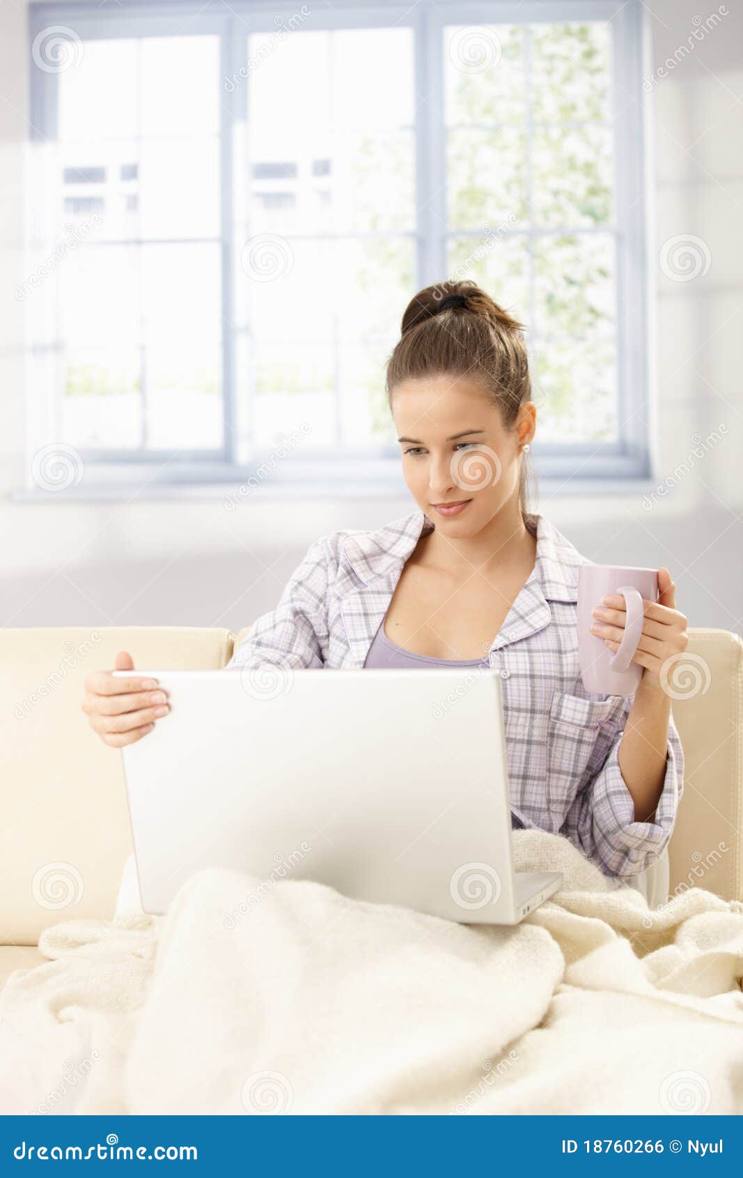 Woman Using Computer in Morning Stock Photo - Image of internet ...