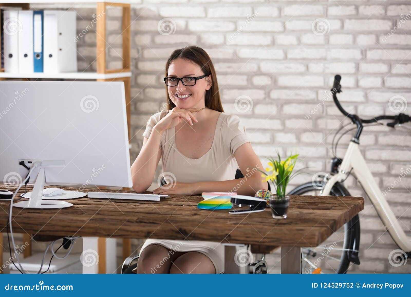 Woman Using Computer stock photo. Image of cheerful - 124529752
