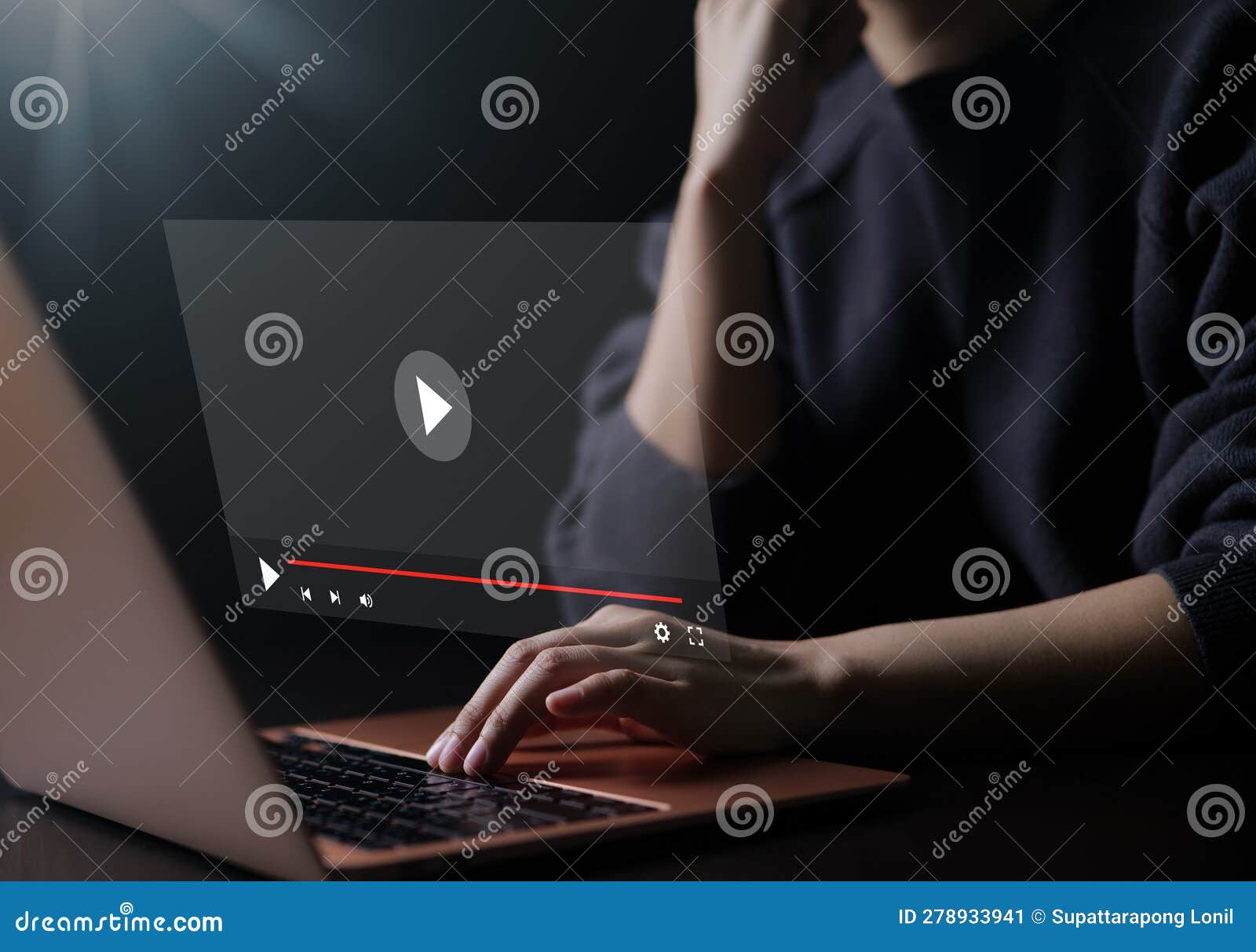 Woman Using a Computer for Streaming Online on Virtual Screen, Watching ...