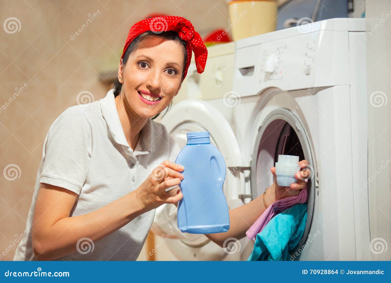 Woman Using Conditioner for Washing Machine Stock Photo - Image of ...