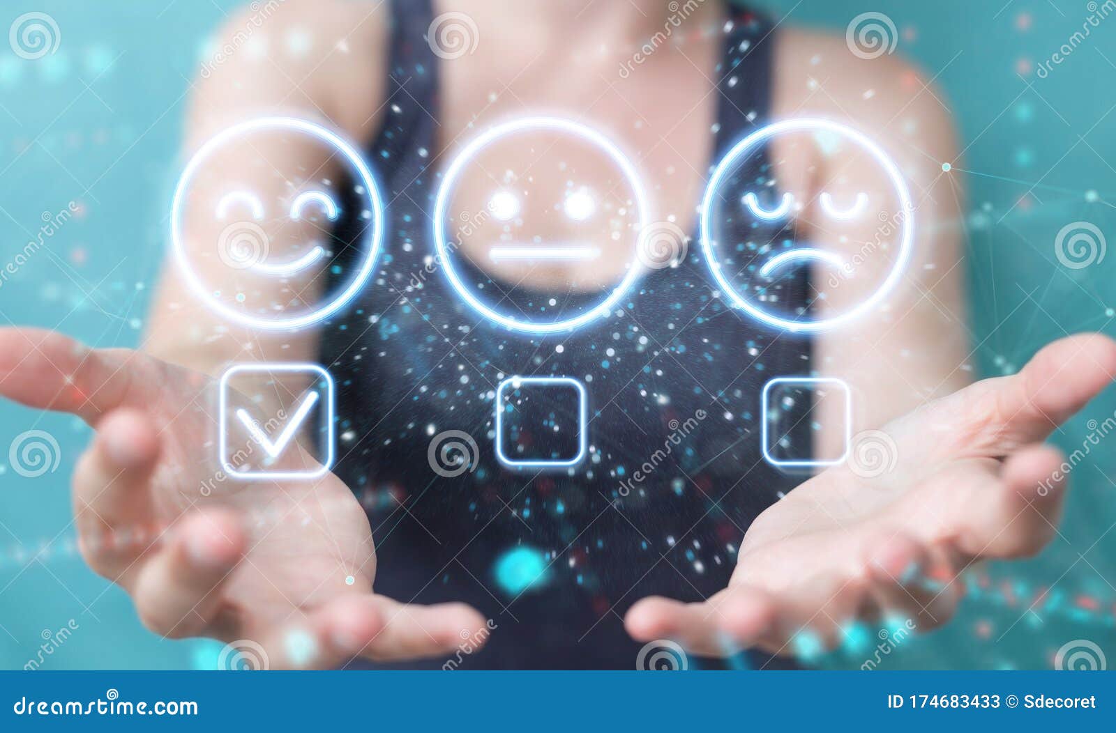 Woman Using Customer Satisfaction Rating Interface 3D Rendering Stock ...